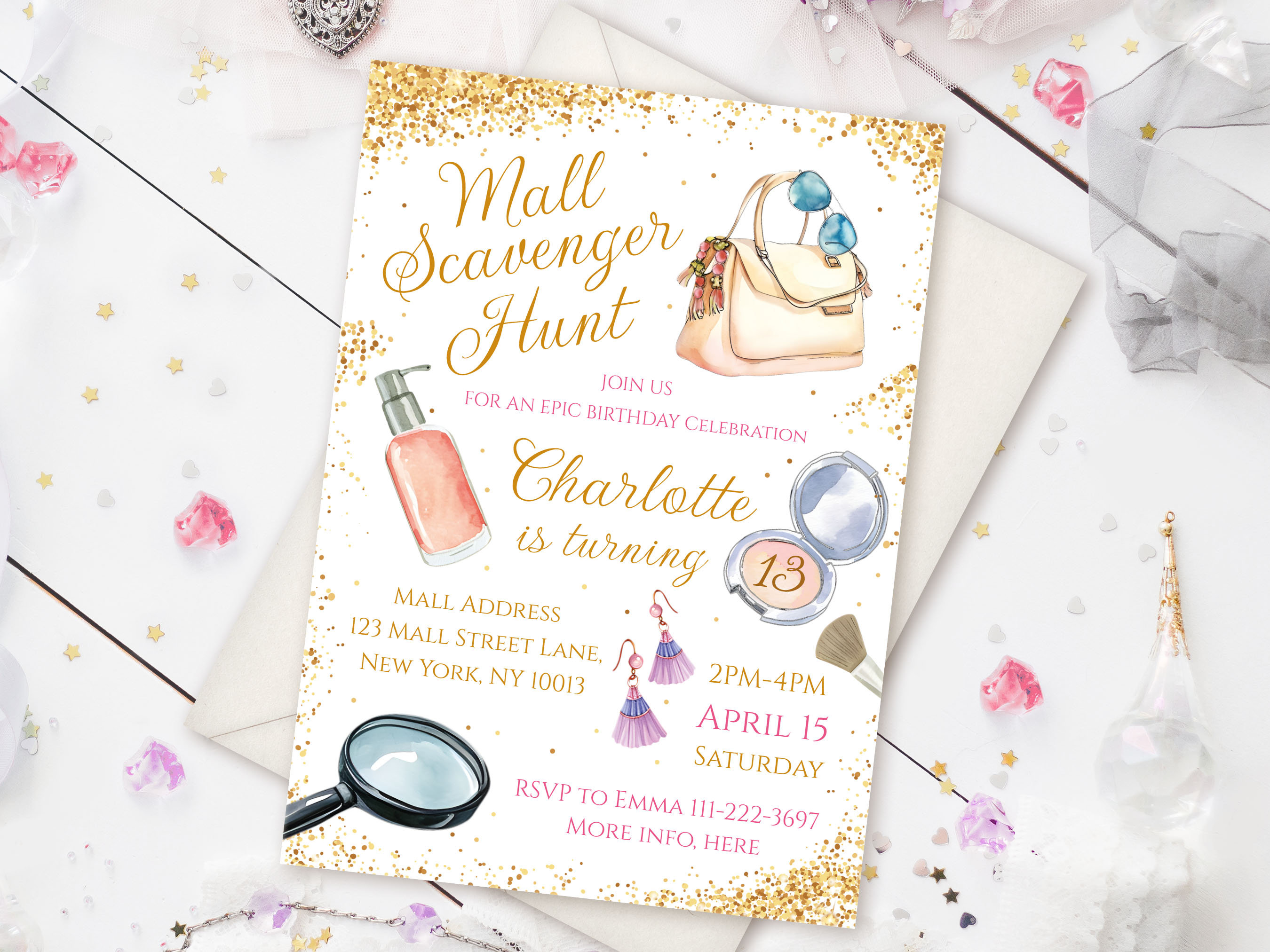 Editable Mall Scavenger Hunt Invitation Template for Girl, Mall Party Invitation, Teen Birthday ...