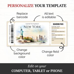 Editable Surprise New York Boarding Pass Template, Printable Watercolor ...
