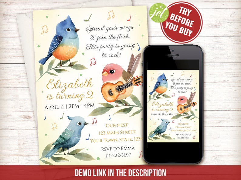 Editable Bird Birthday Invitation Template, Little Bird Party ...
