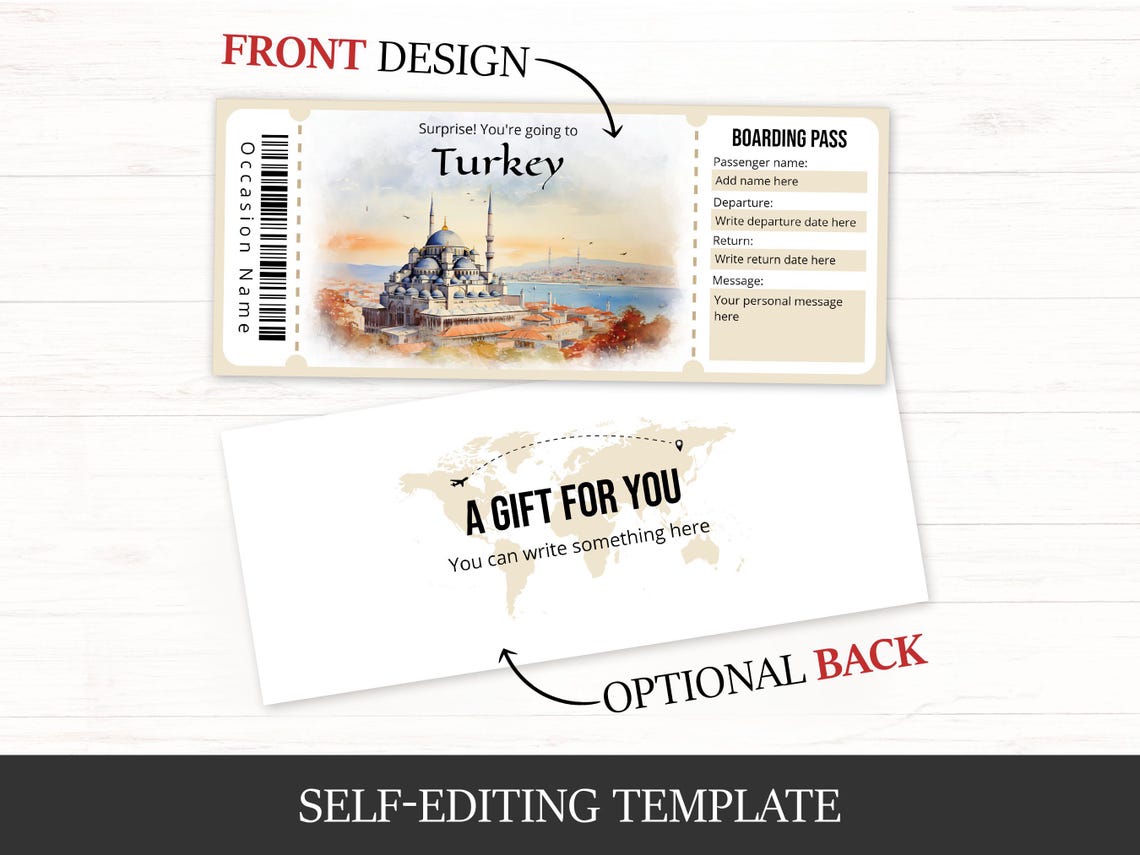 Editable Turkey Boarding Pass Template, Watercolor Surprise Turkey Trip ...