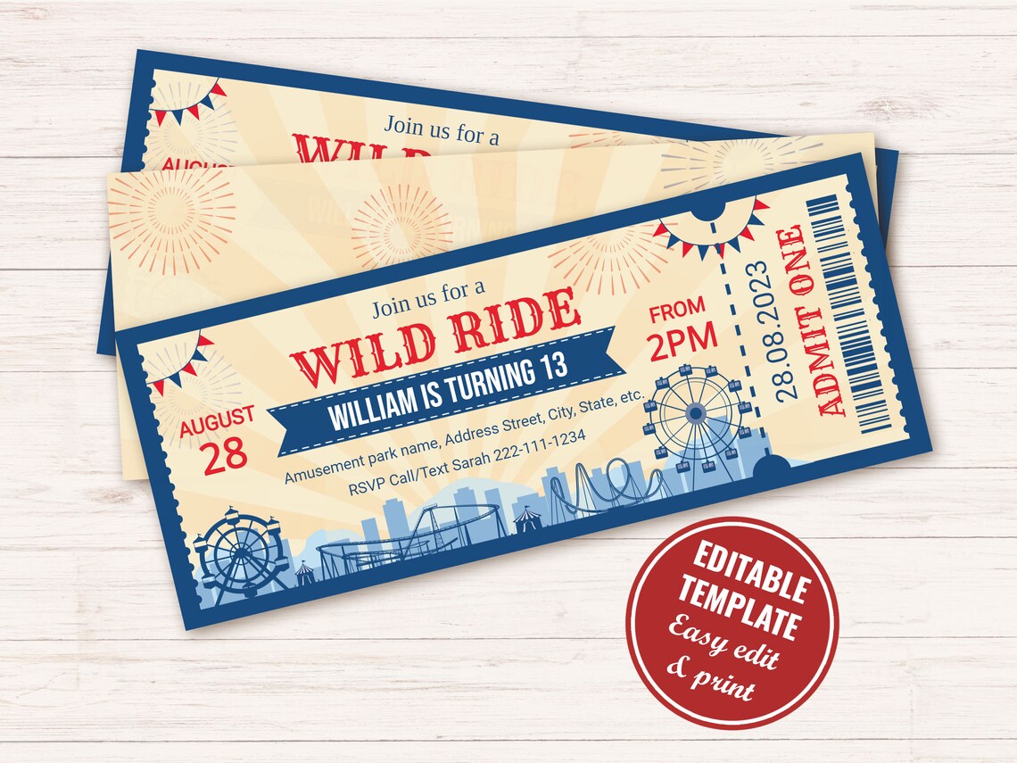 Amusement Park Ticket Invite Template Editable Carnival Theme - Etsy