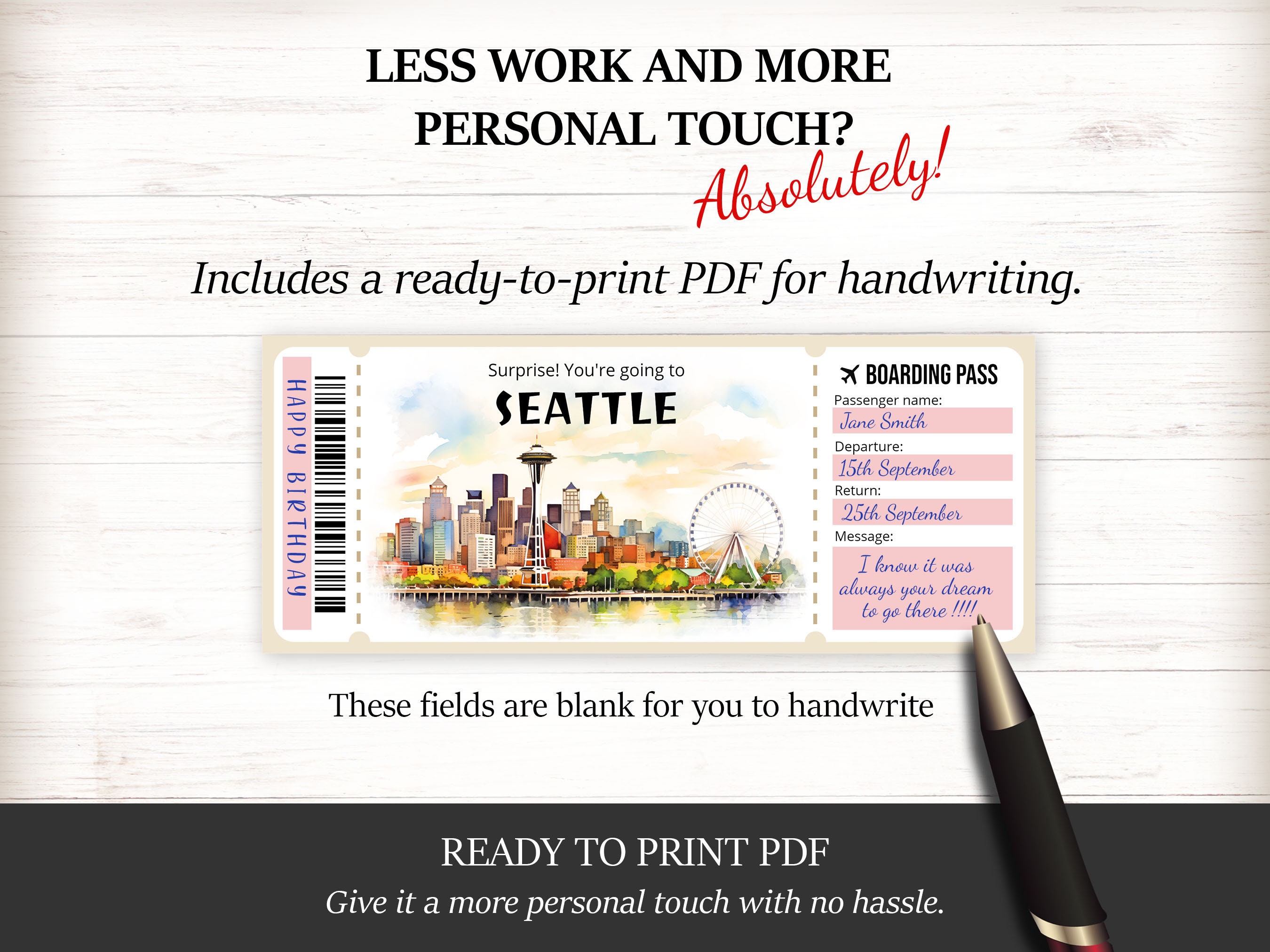 Editable Seattle Boarding Pass Template, Printable SEATTLE Surprise ...