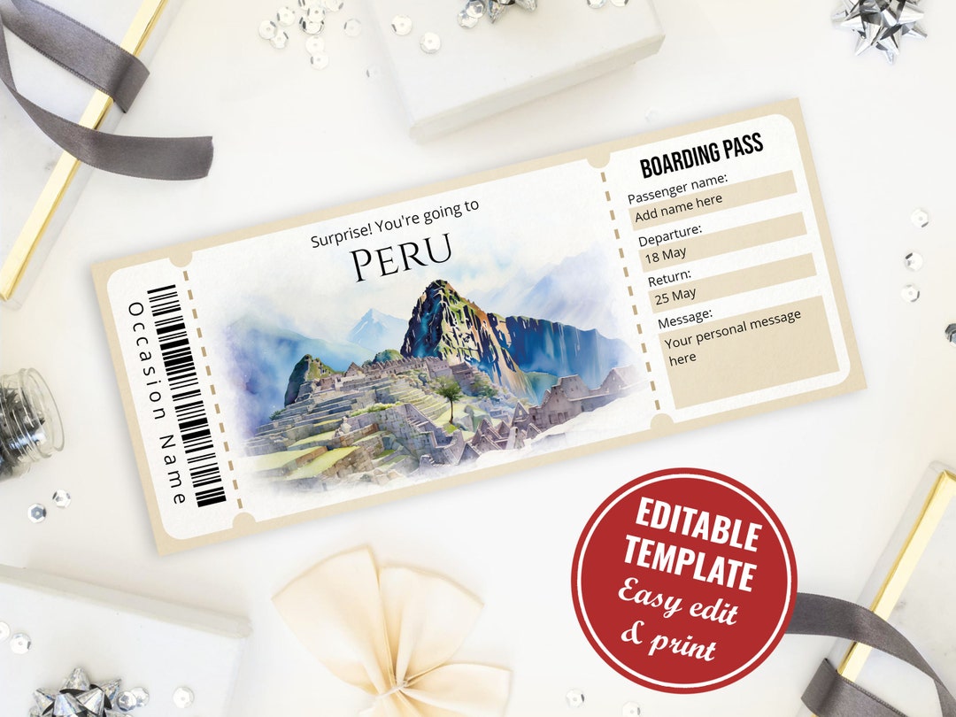 Editable Peru Boarding Pass Template, Watercolor Surprise Peru Trip ...