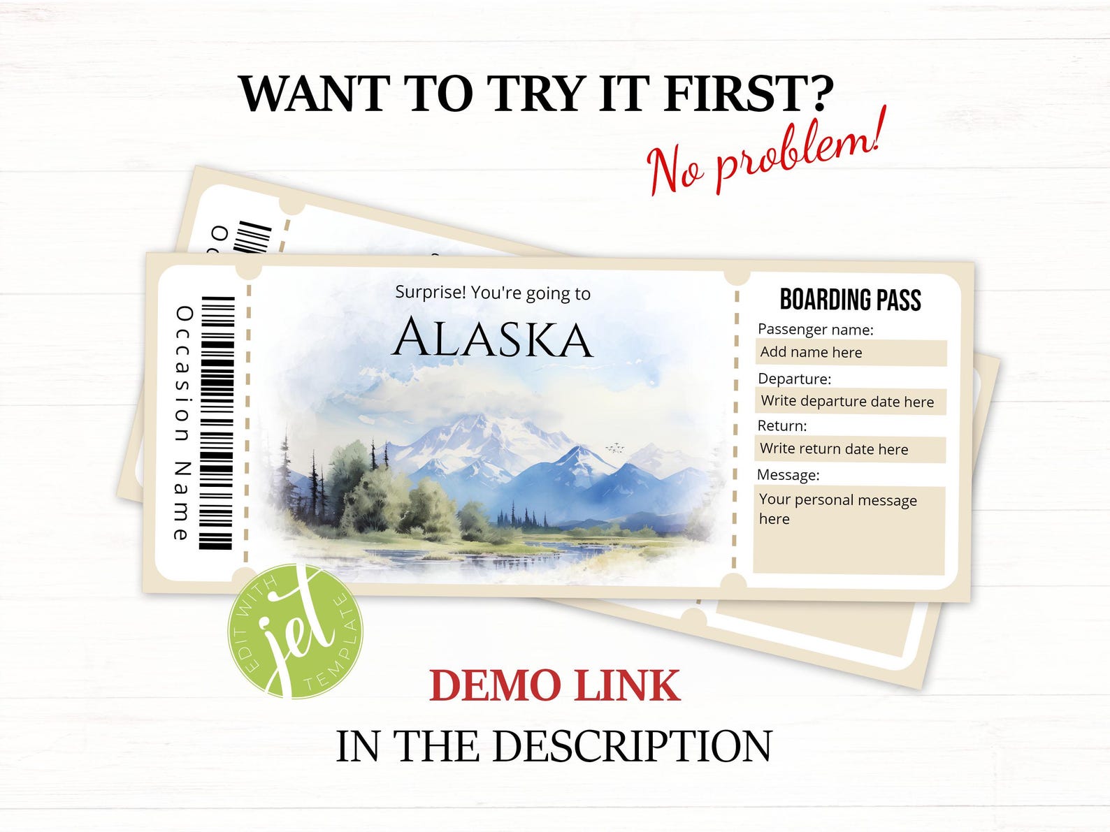 Editable Alaska Boarding Pass Ticket Template, Surprise Gift ...