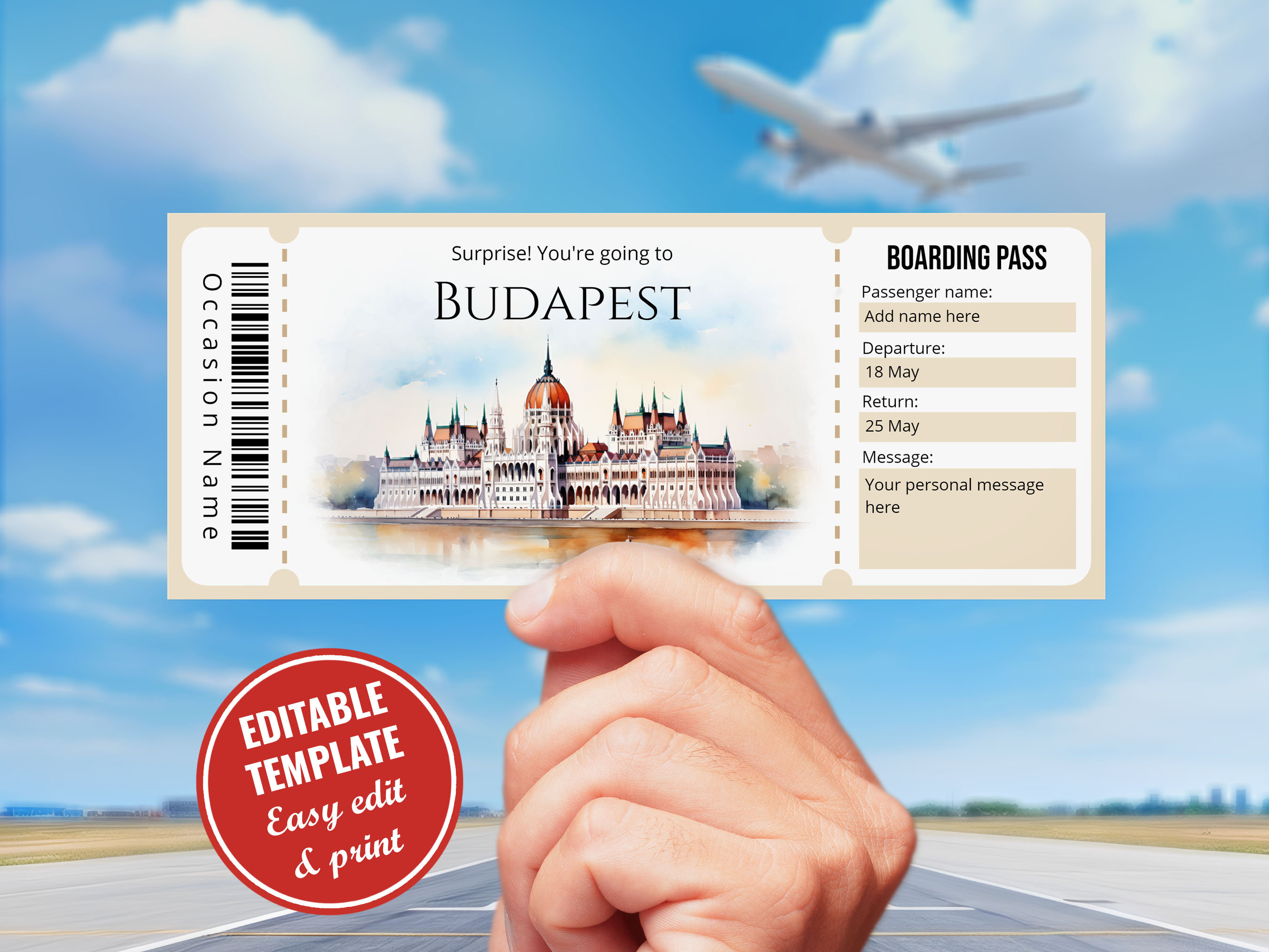 Editable Budapest Boarding Pass Template, Watercolor Surprise Hungary ...
