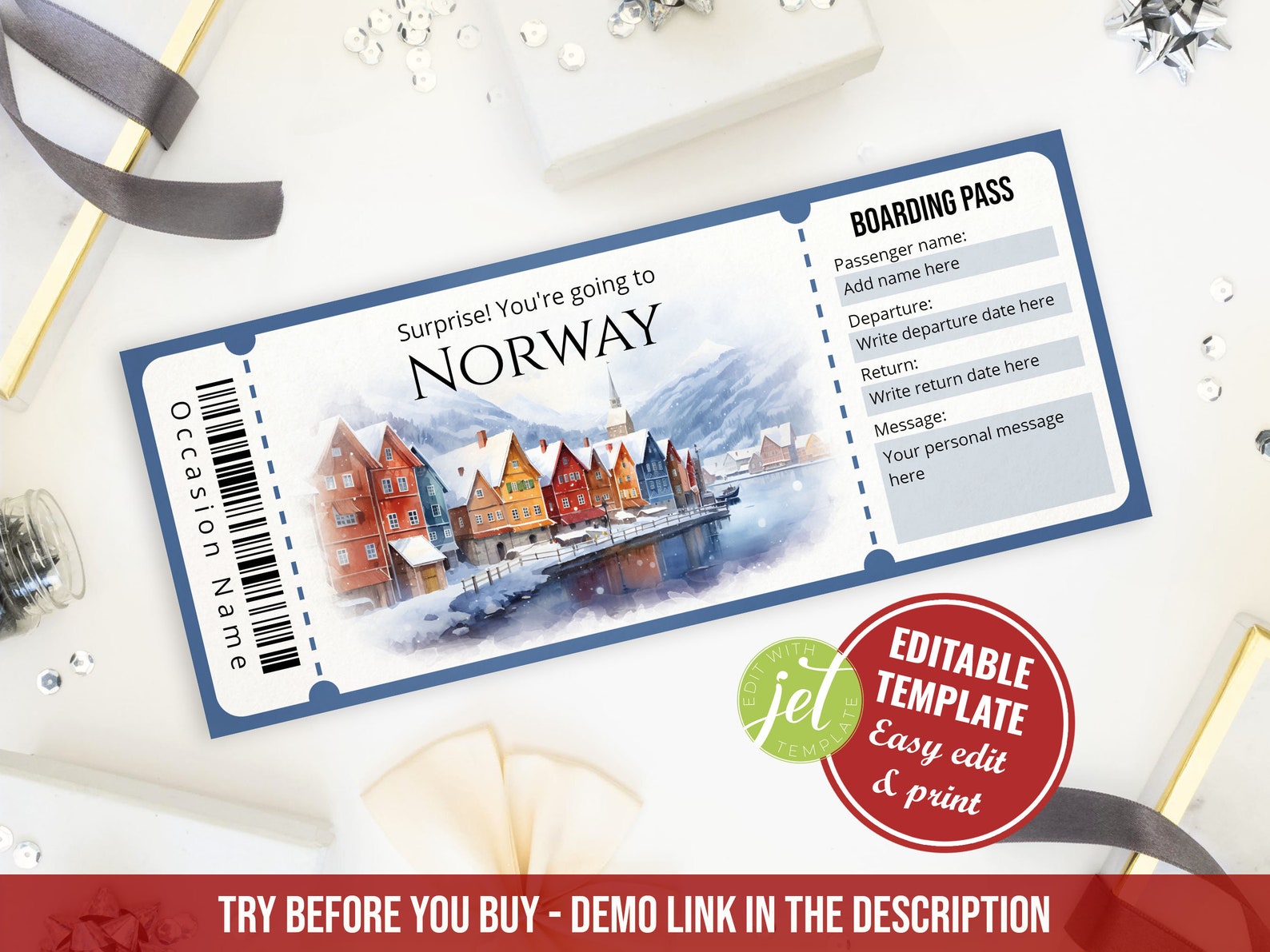 Editable Norway Boarding Pass Template, Personalized Printable Surprise ...