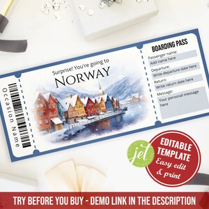 Editable Norway Boarding Pass Template, Personalized Printable Surprise ...