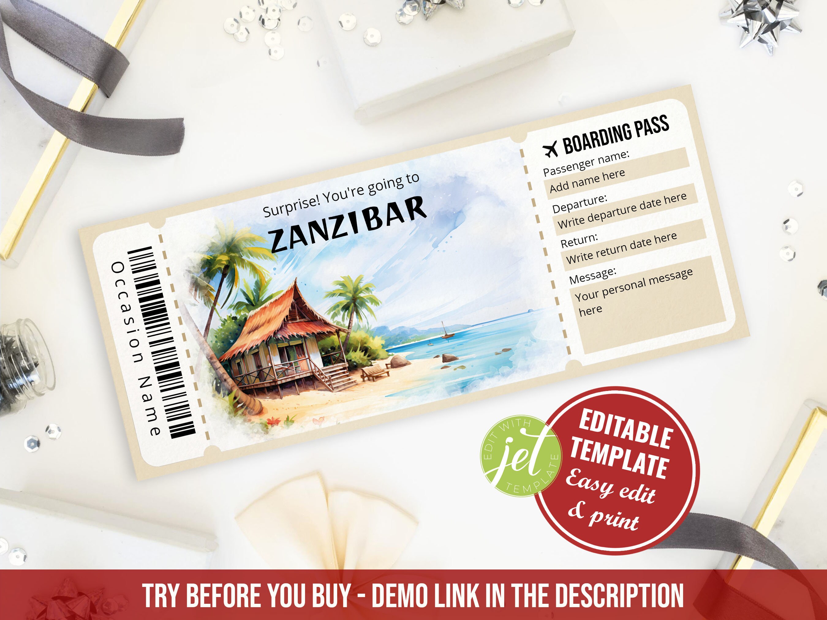Editable Zanzibar Boarding Pass Template, Personalized Gift Printable ...