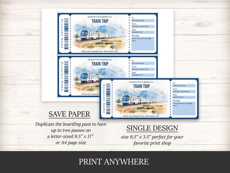 Editable Watercolor Train Ticket Template, Railway Ticket Surprise Gift ...