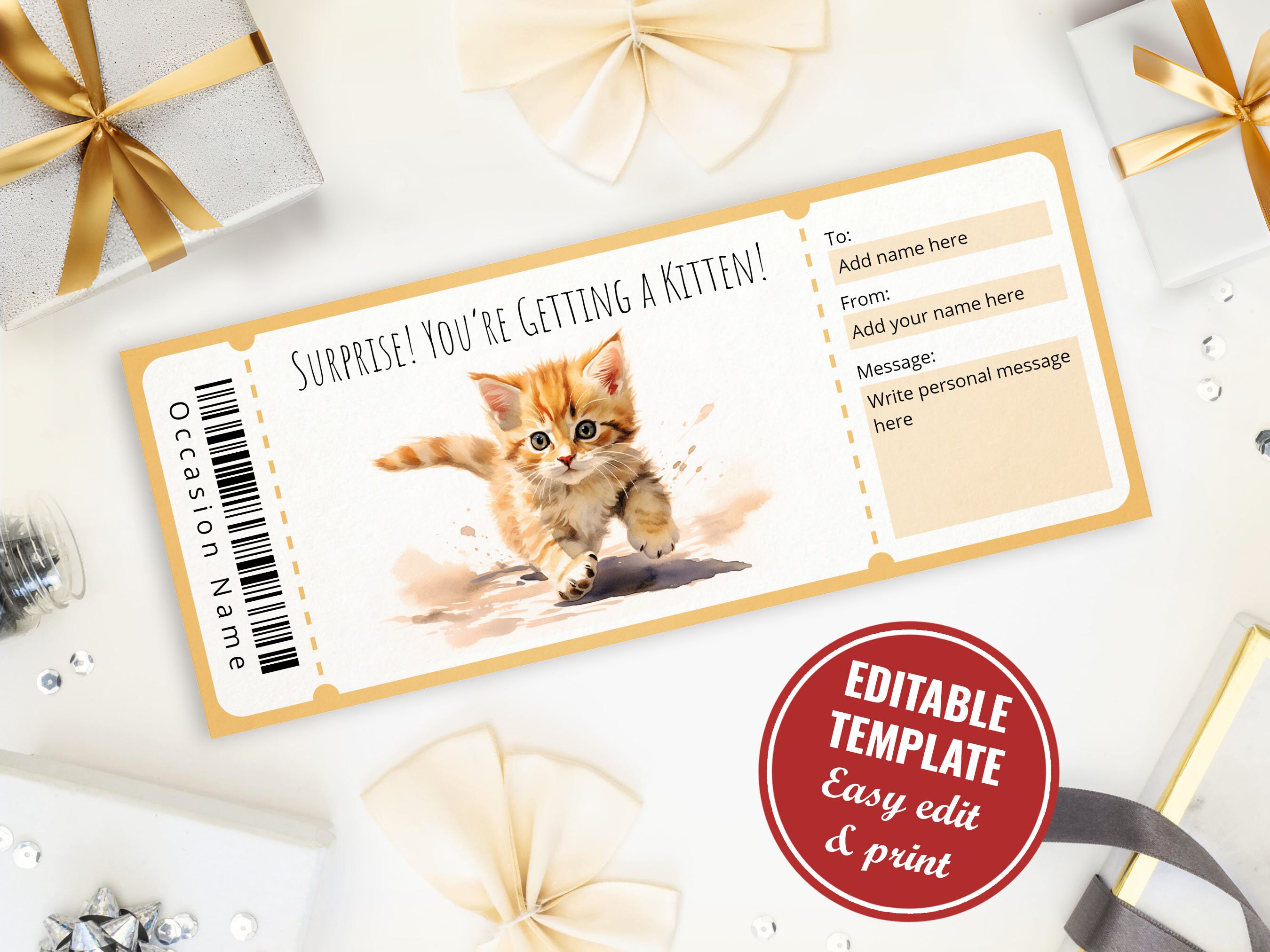 Editable Kitten Gift Certificate Template for Cat Lover, Personalized ...