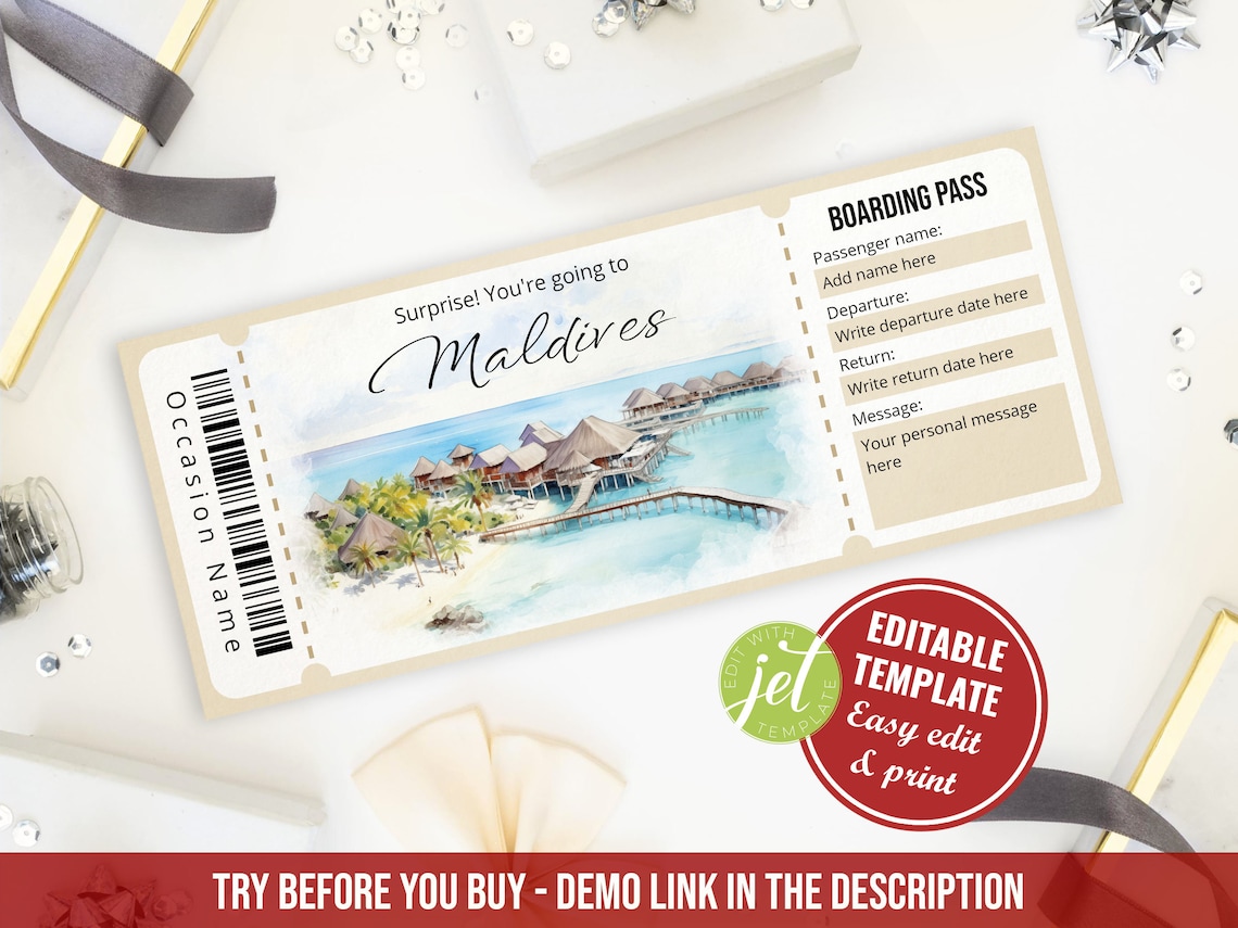 Editable Maldives Boarding Pass Template, Personalized Printable ...