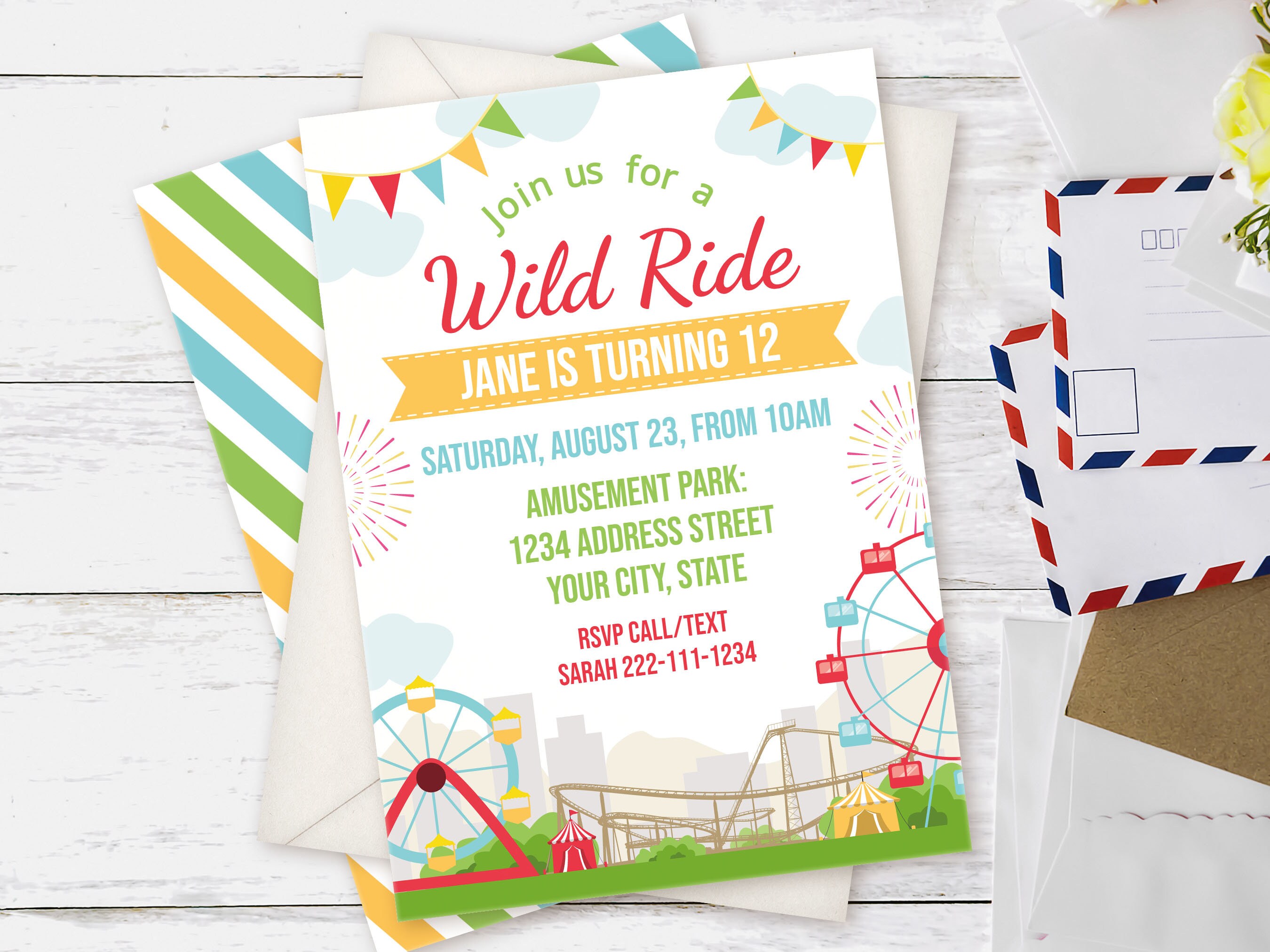 Amusement Park Birthday Invite, Editable Carnival Theme Birthday Party ...