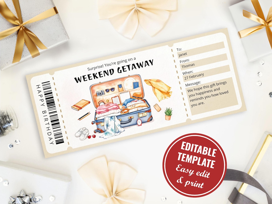Editable Weekend Getaway Voucher Template, Printable Weekend Away ...