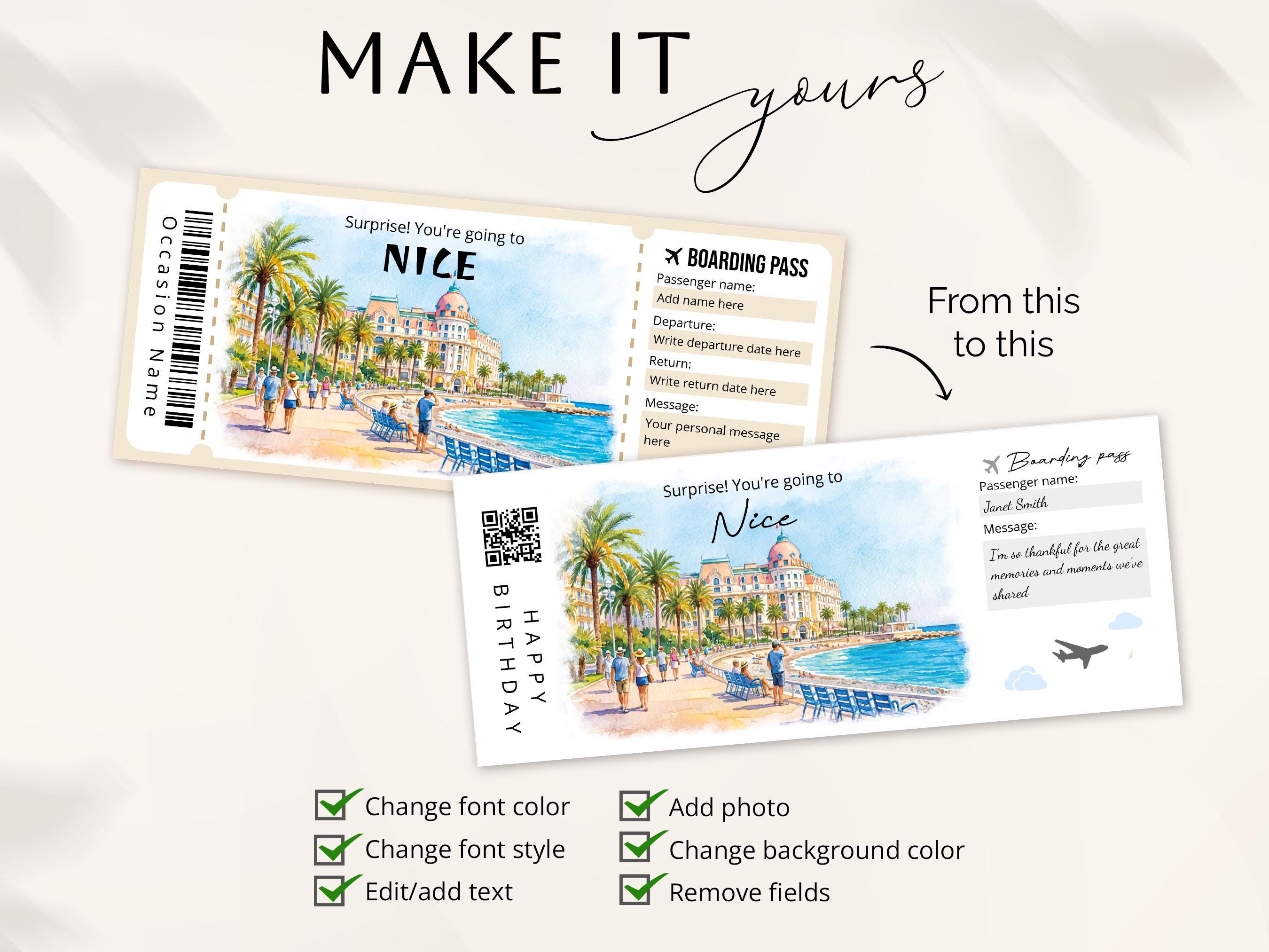 Editable Nice Boarding Pass Template, Printable Surprise Nice France ...