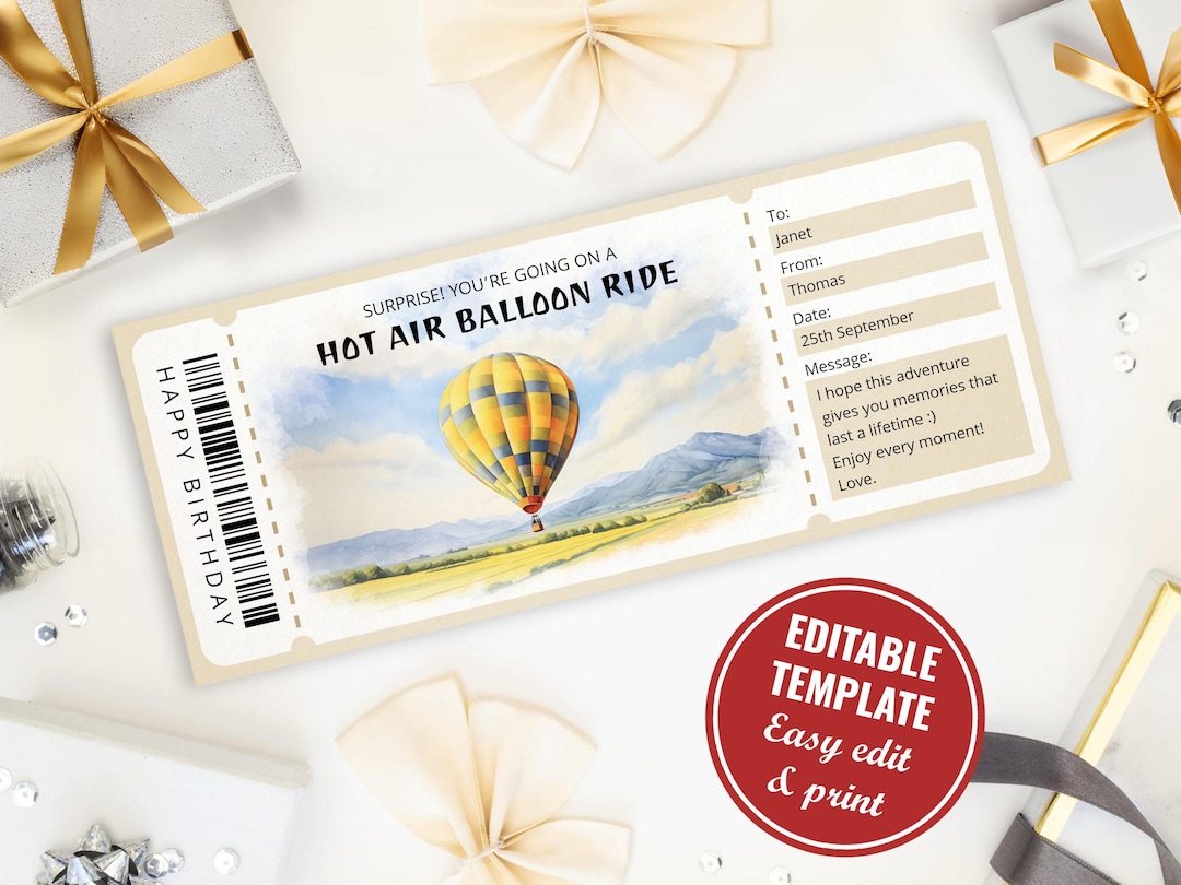 Editable Hot Air Balloon Ride Gift Certificate Template, Printable Hot ...