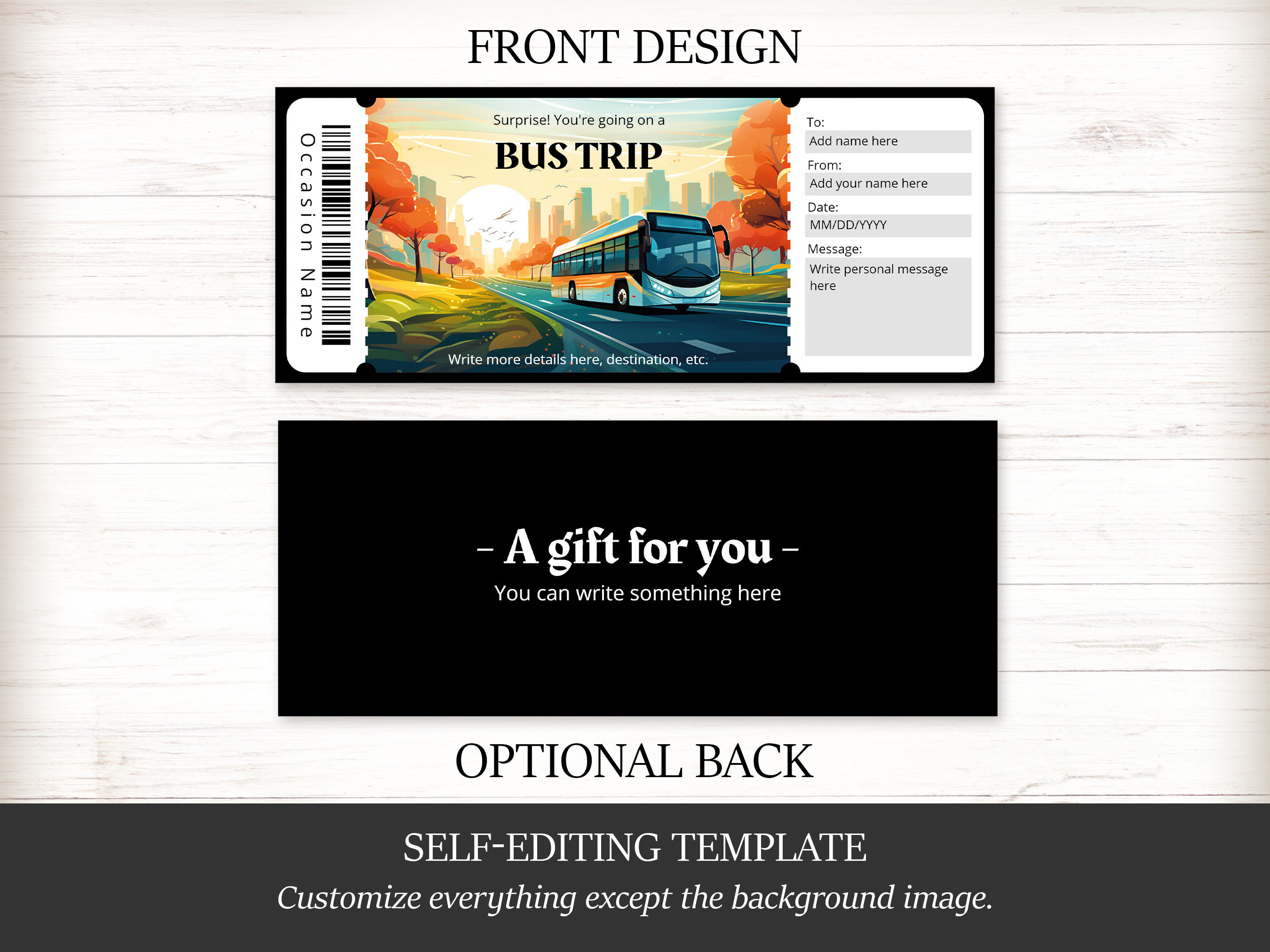 Editable Bus Ticket Template, Coach Ticket Surprise Gift Voucher Reveal ...