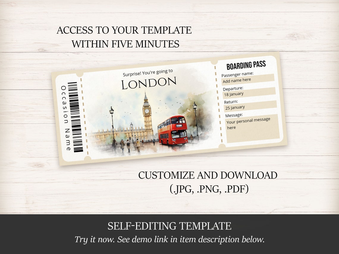 Editable London Boarding Pass Template, Surprise Watercolor London ...