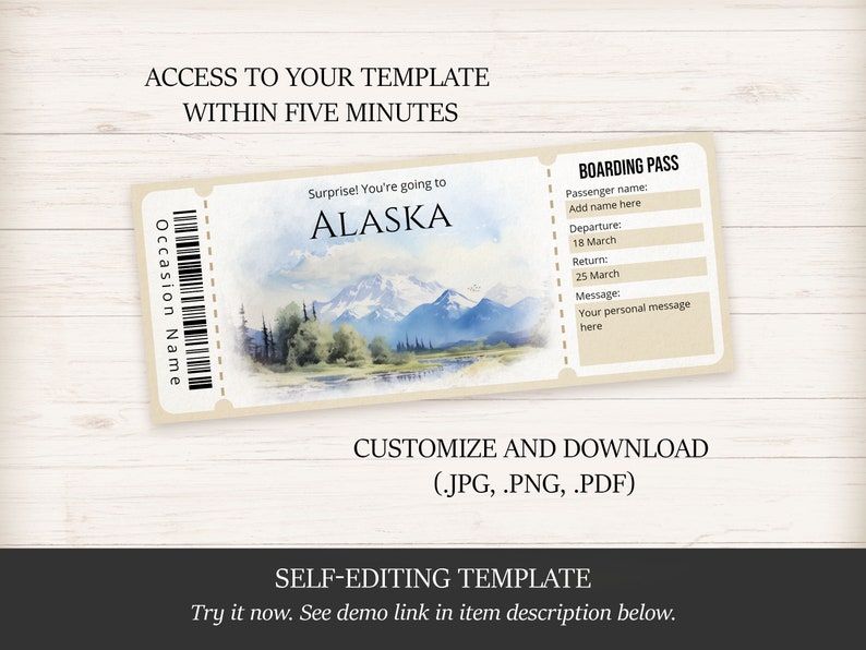 Editable Alaska Boarding Pass Ticket Template Surprise Gift - Etsy