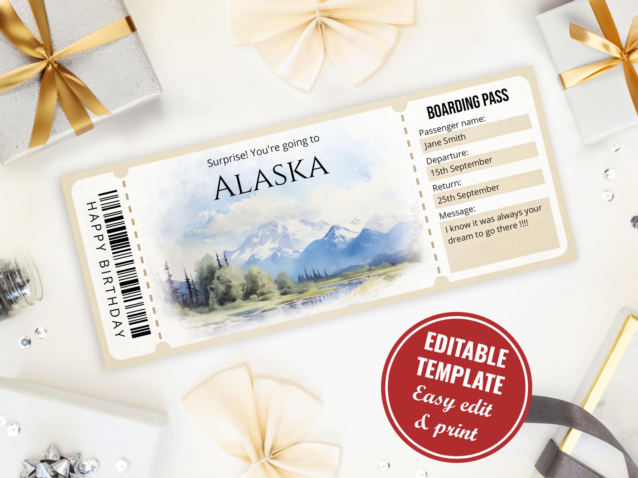 Editable Alaska Boarding Pass Ticket Template, Surprise Gift ...