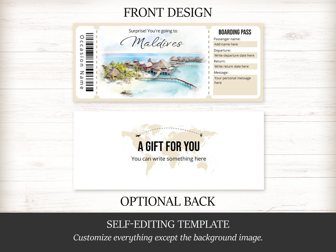 Editable Maldives Boarding Pass Template, Personalized Printable ...