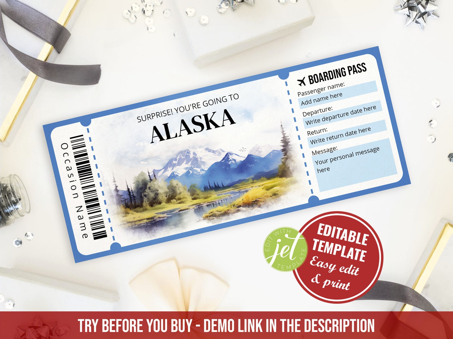Alaska Boarding Pass Editable Template Printable Surprise Trip Alaska ...