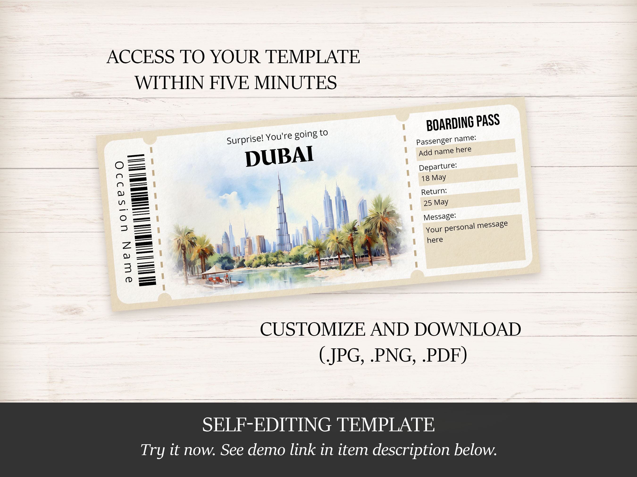 Editable Dubai Boarding Pass Template, Watercolor Surprise Dubai Trip ...