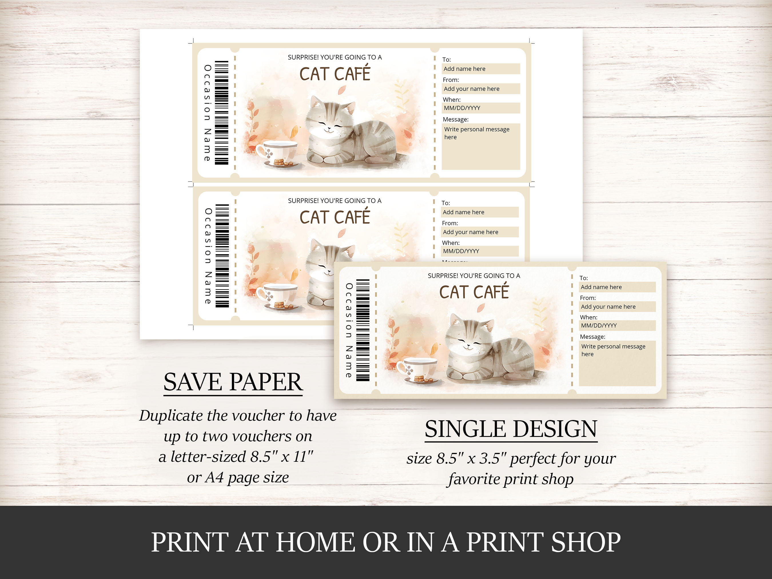 Editable Cat Cafe Gift Certificate Template for Cat Lover, Surprise ...