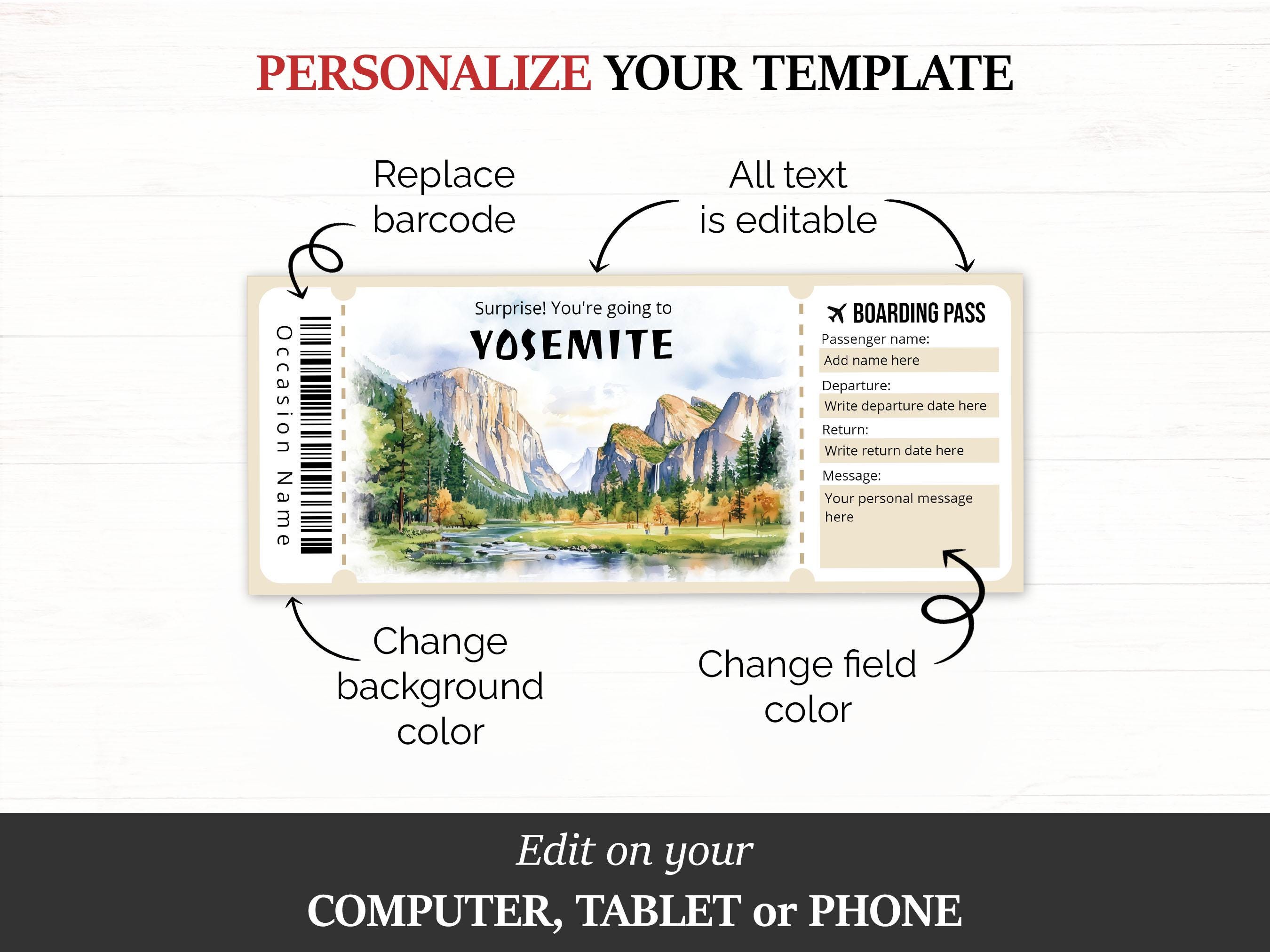 Editable Yosemite National Park Gift Ticket Template, Surprise Trip to ...
