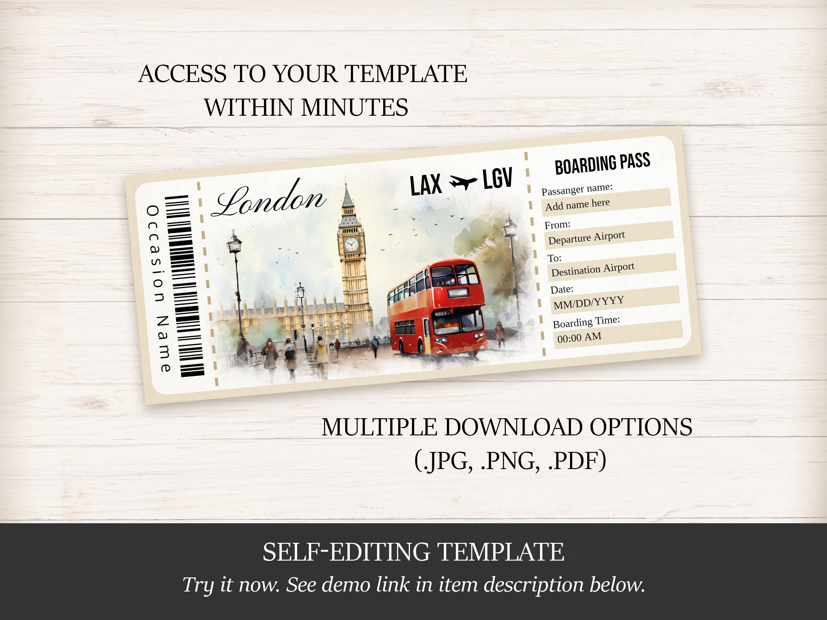London Trip Editable Watercolor Boarding Pass Template London - Etsy