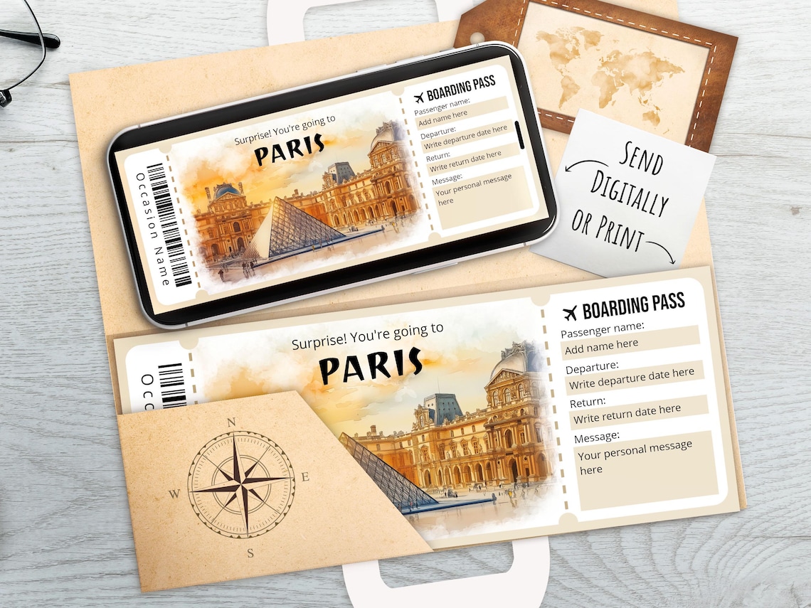 Surprise Paris France Trip Reveal Gift Ticket Template, Paris Boarding ...