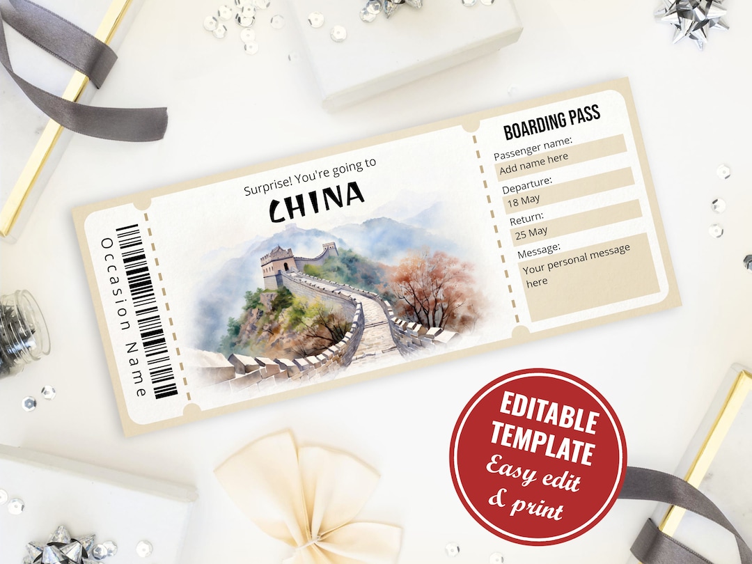 Editable China Boarding Pass Template Watercolor Surprise - Etsy