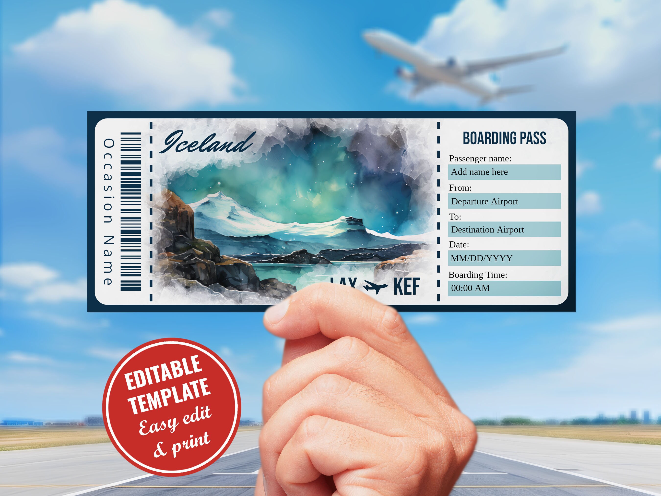 Iceland Trip Editable Watercolor Boarding Pass Template, Reykjavík ...