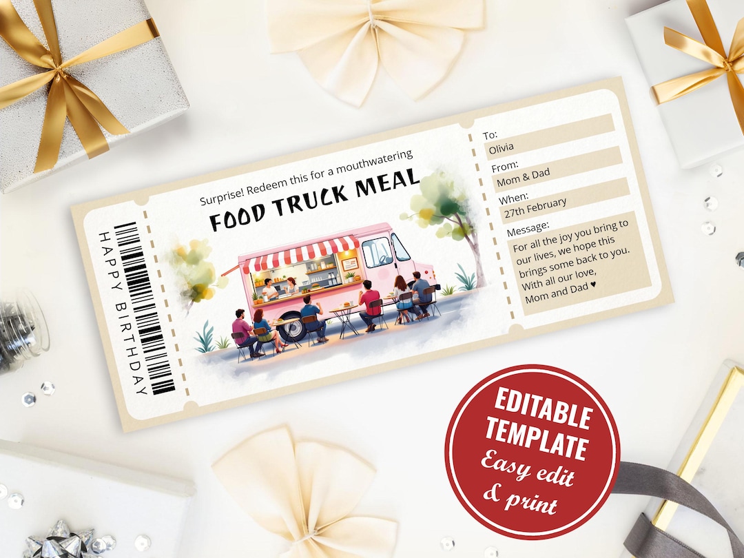 Editable Food Truck Ticket Gift Certificate Template for Food Lover ...