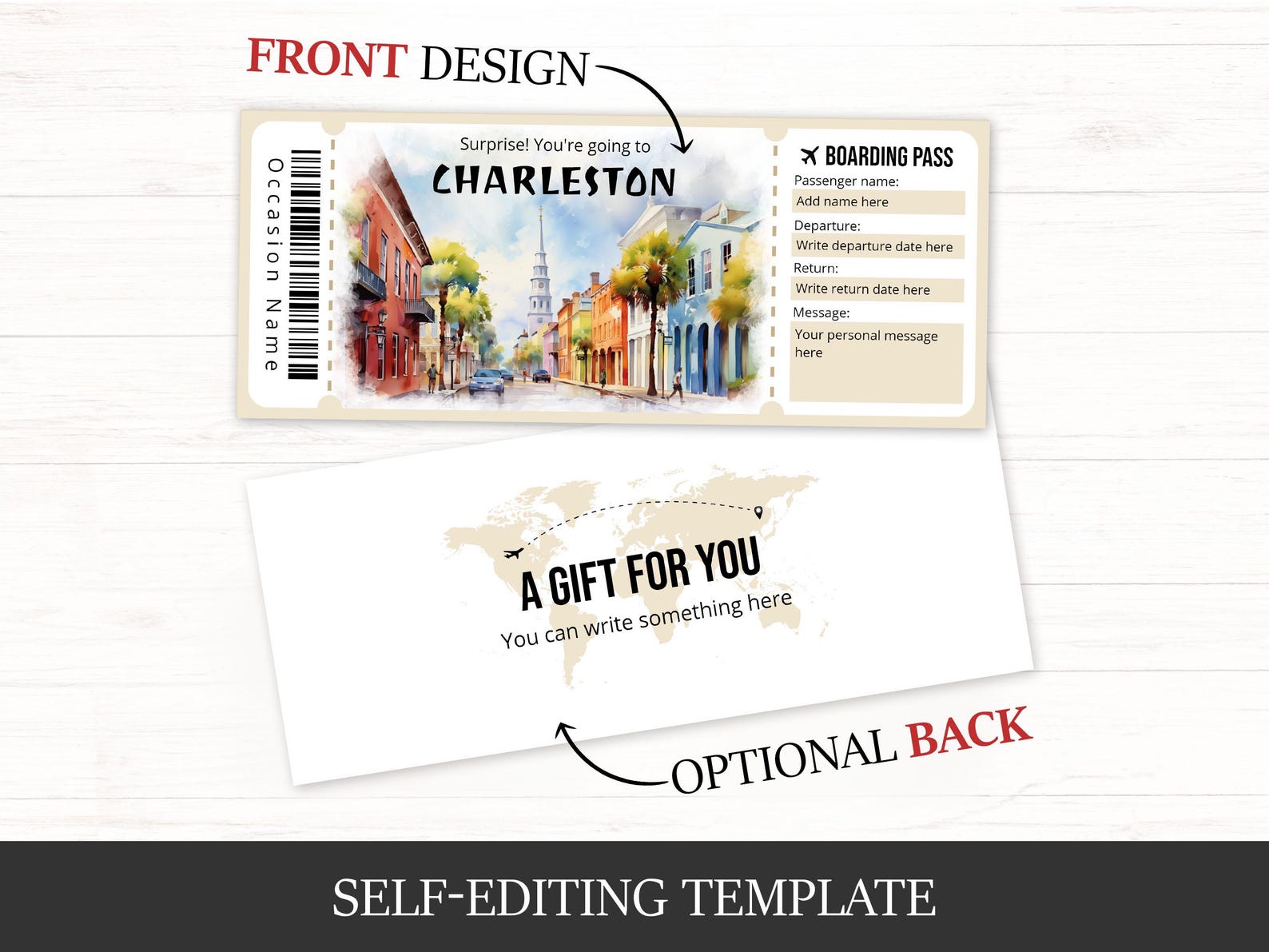 Surprise Charleston SC USA Trip Reveal Gift Ticket Template, USA ...