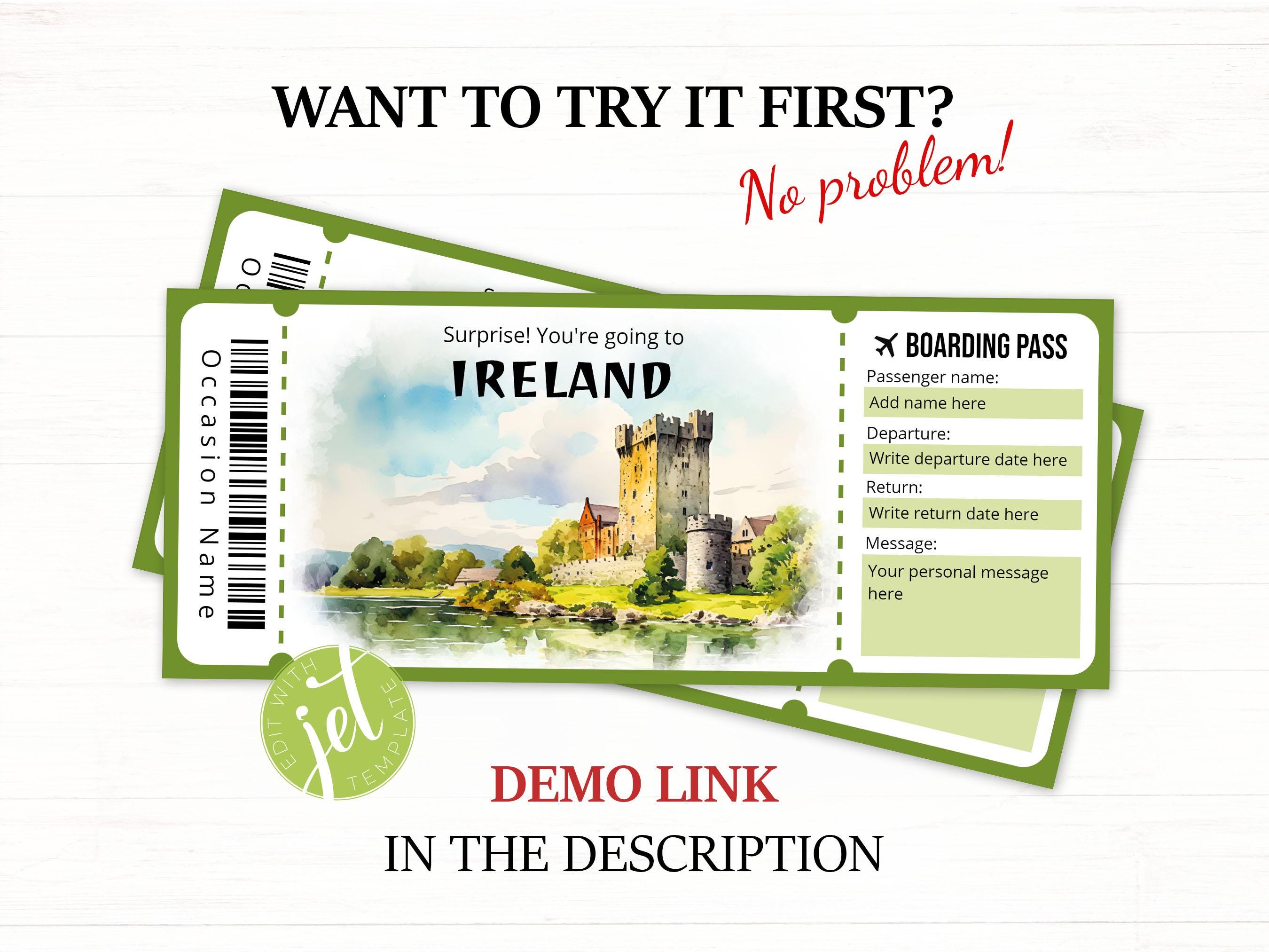 Surprise IRELAND Trip Reveal Gift Ticket Template - Custom Boarding ...
