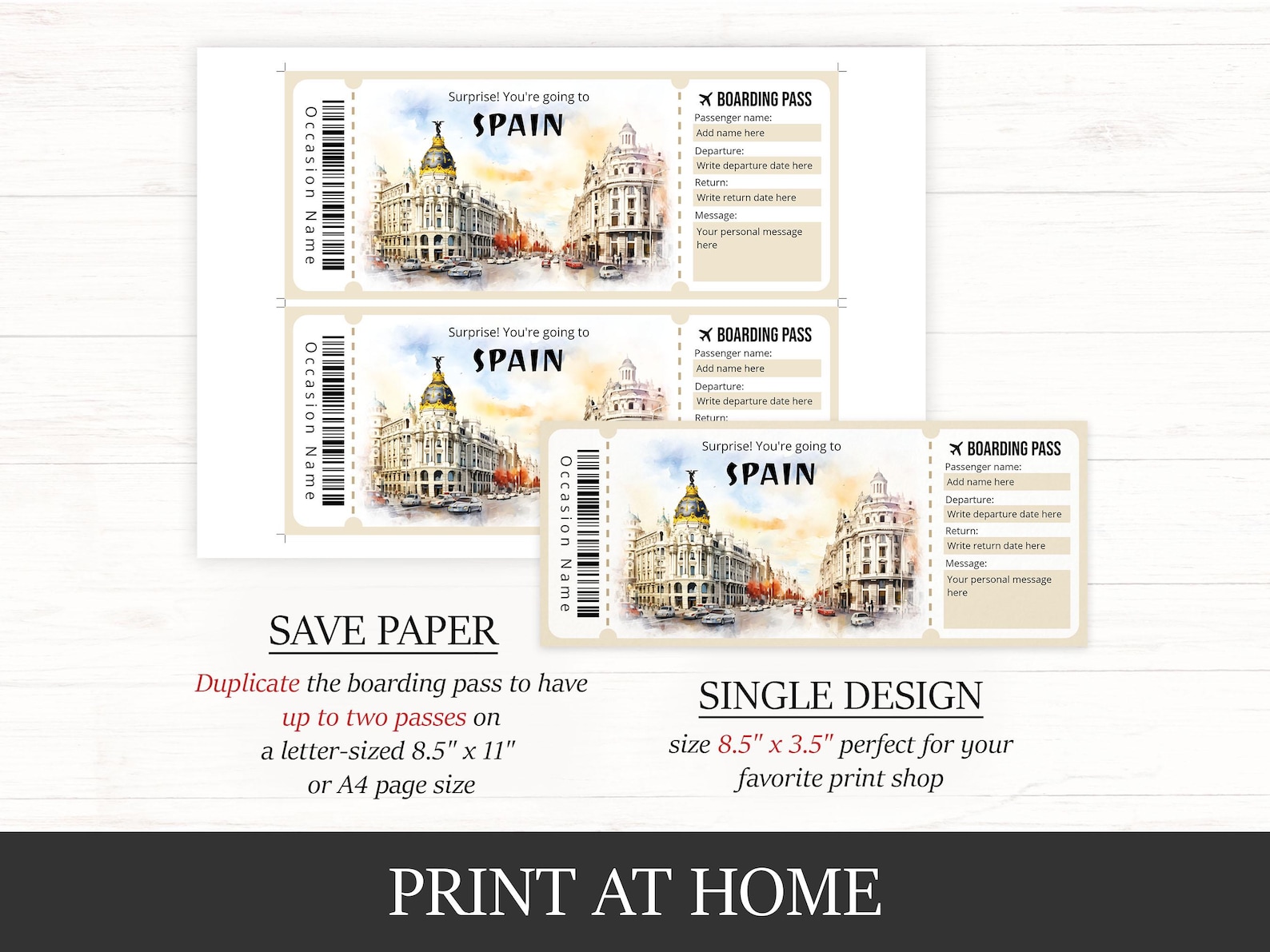 Surprise SPAIN Trip Reveal Gift Ticket Template - Spain Boarding Pass ...