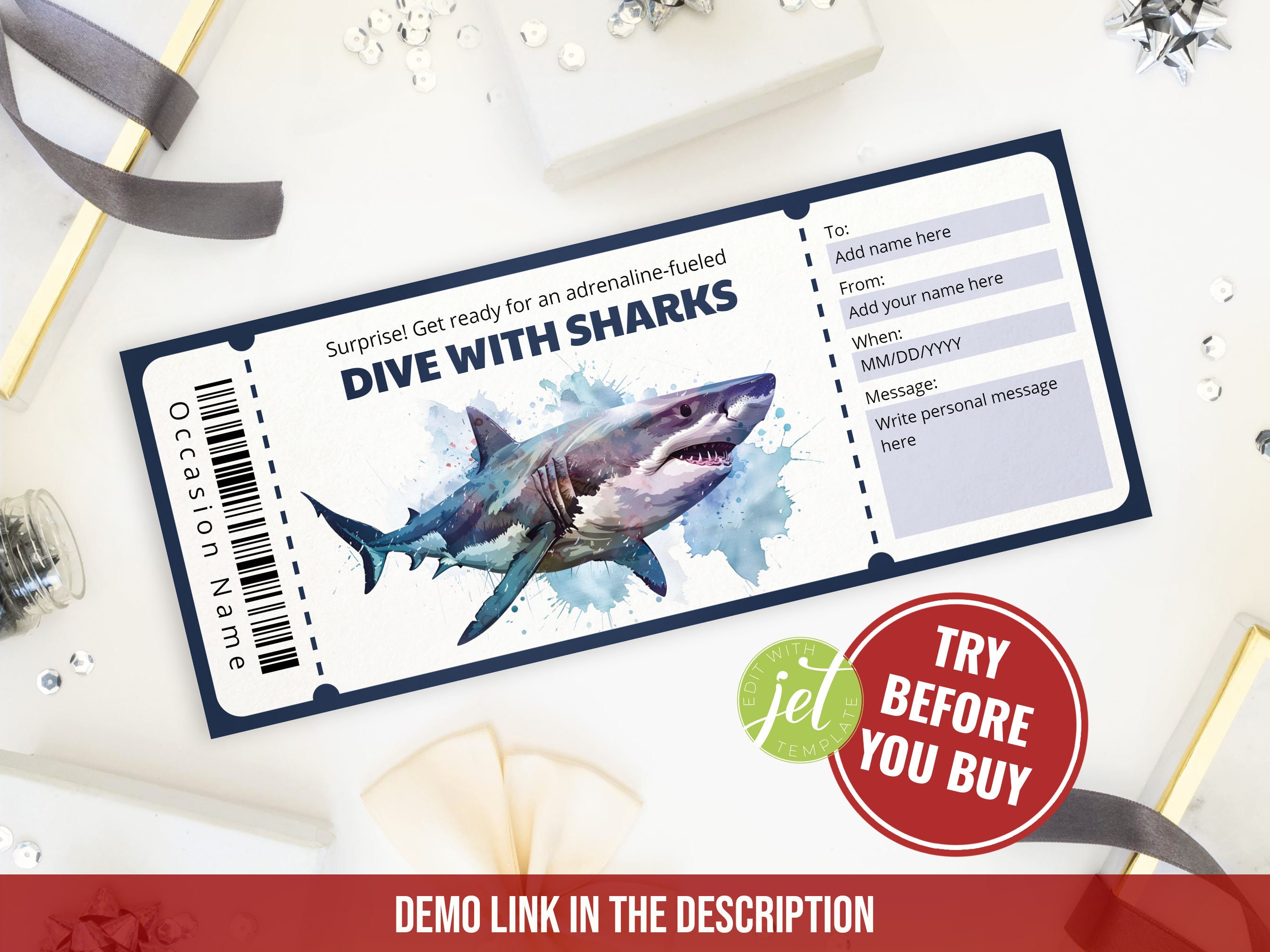 Editable Dive With Sharks Ticket Gift Certificate Template, Surprise ...