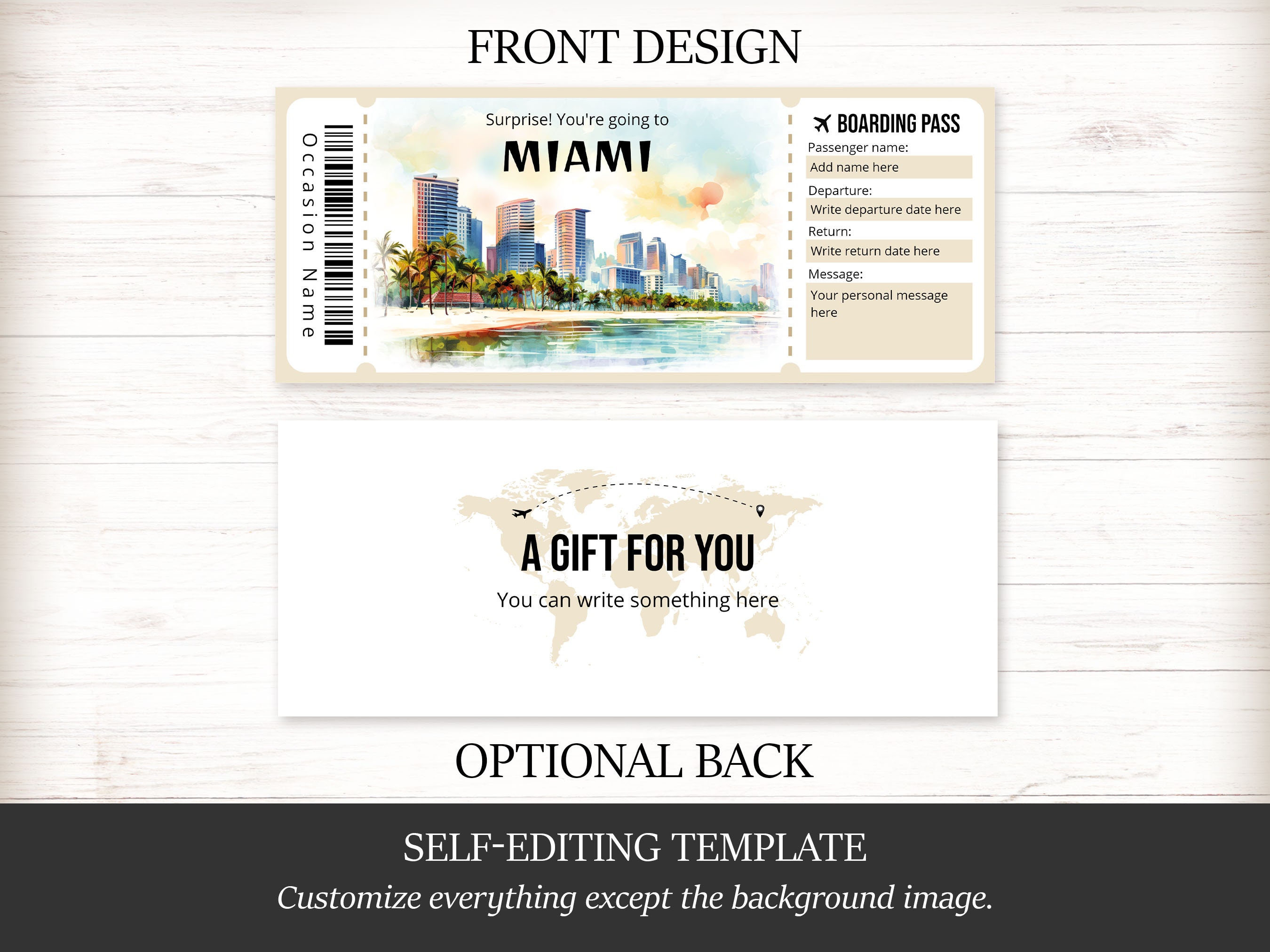 Editable Miami Boarding Pass Template, Personalized Gift, Printable ...