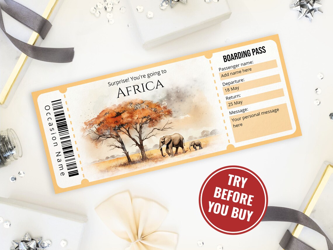 Editable Africa Boarding Pass Template, Watercolor Surprise Africa Trip ...