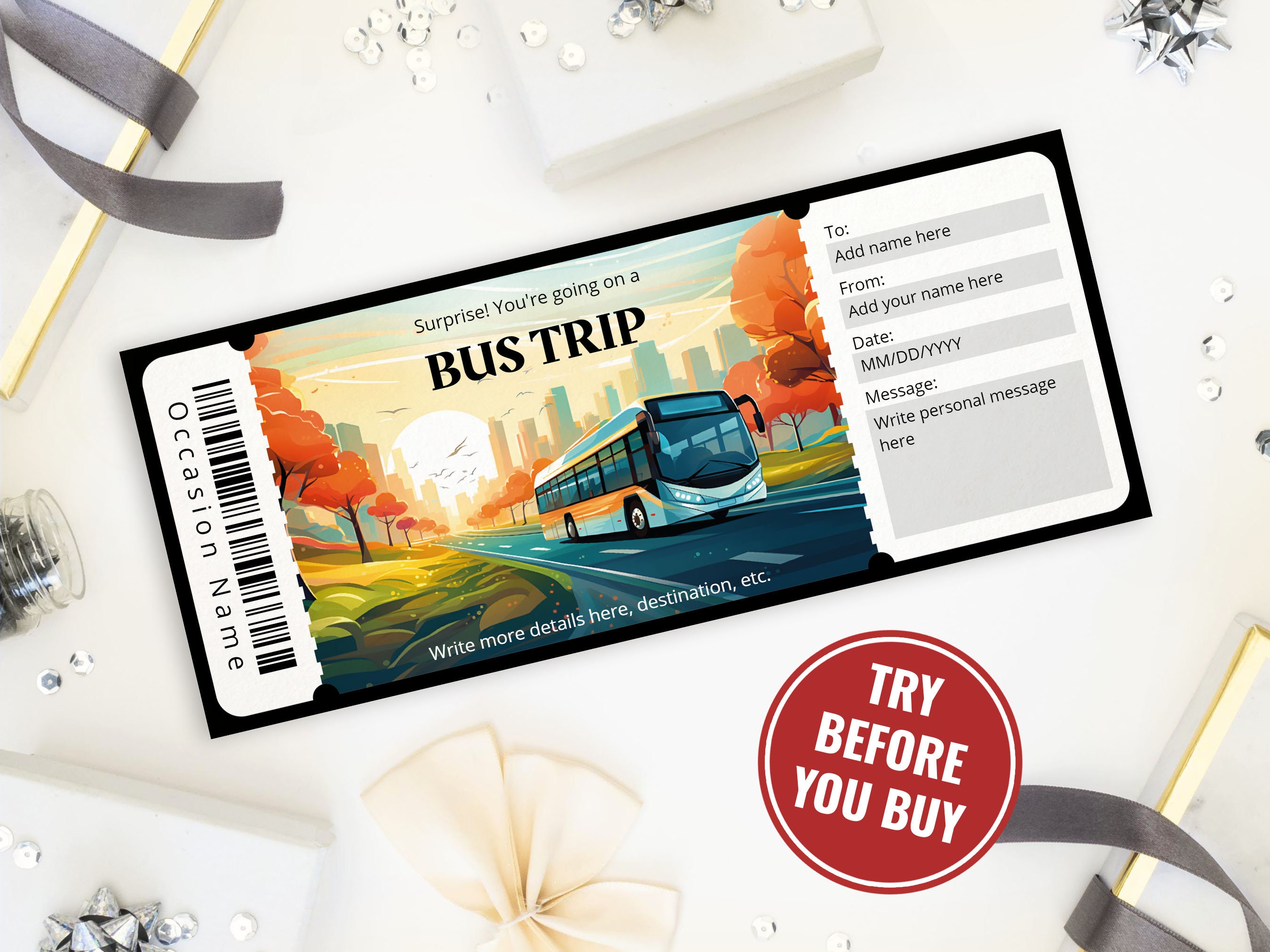 Editable Bus Ticket Template, Coach Ticket Surprise Gift Voucher Reveal ...