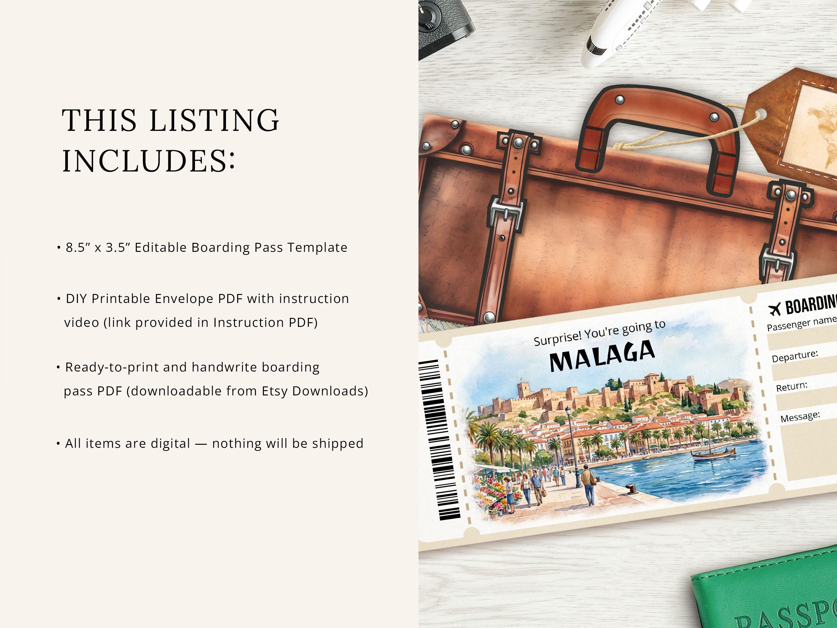Editable Malaga Boarding Pass Template, Spain Ticket Surprise Trip ...