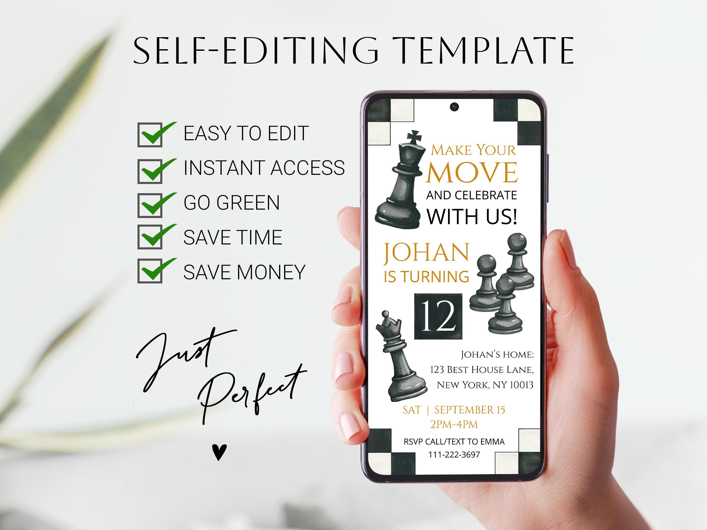 Editable Chess Birthday Invitation Digital Template for Chess Lover ...