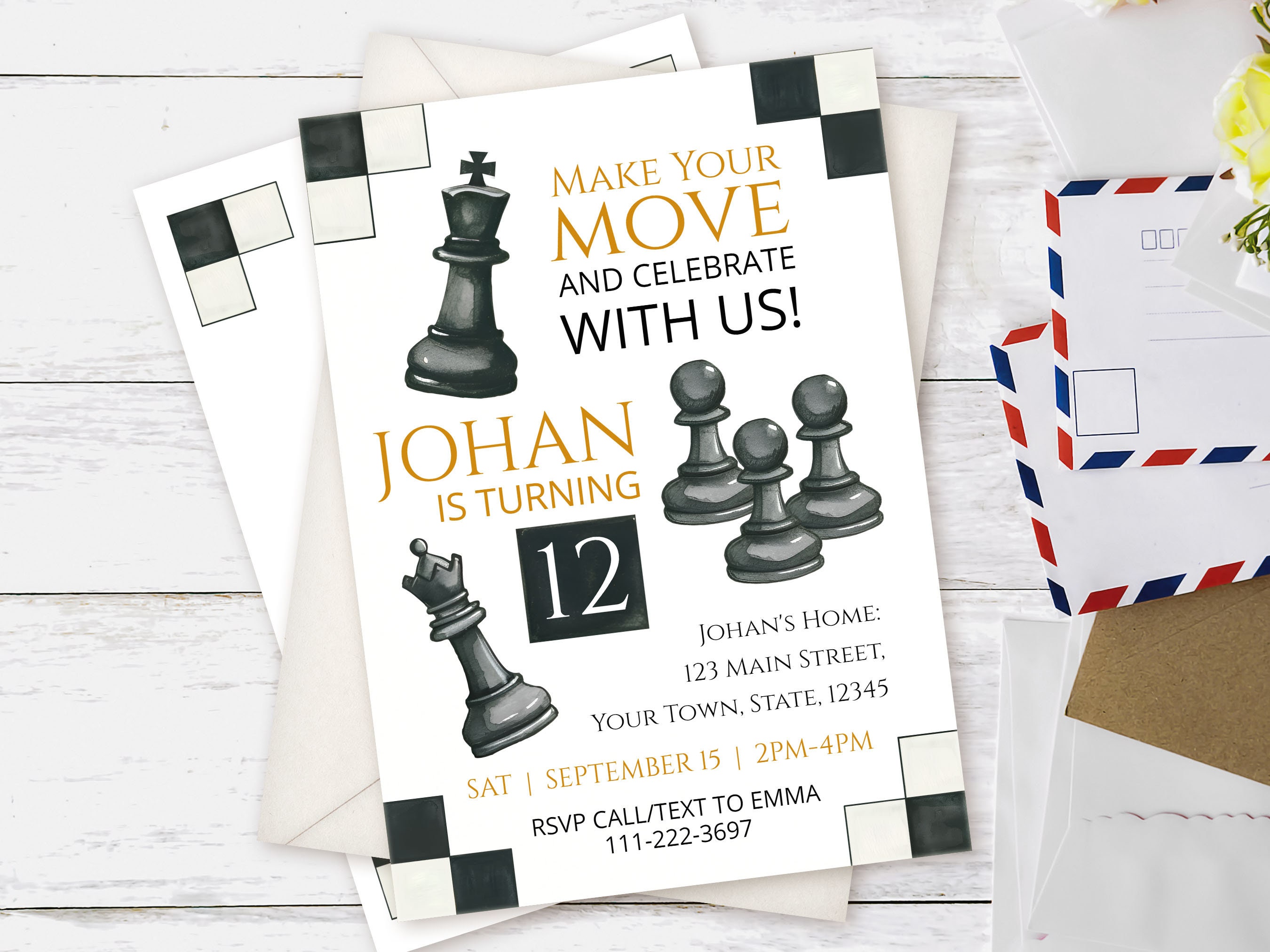Editable Chess Birthday Invitation Template for Chess Lover, Chess ...