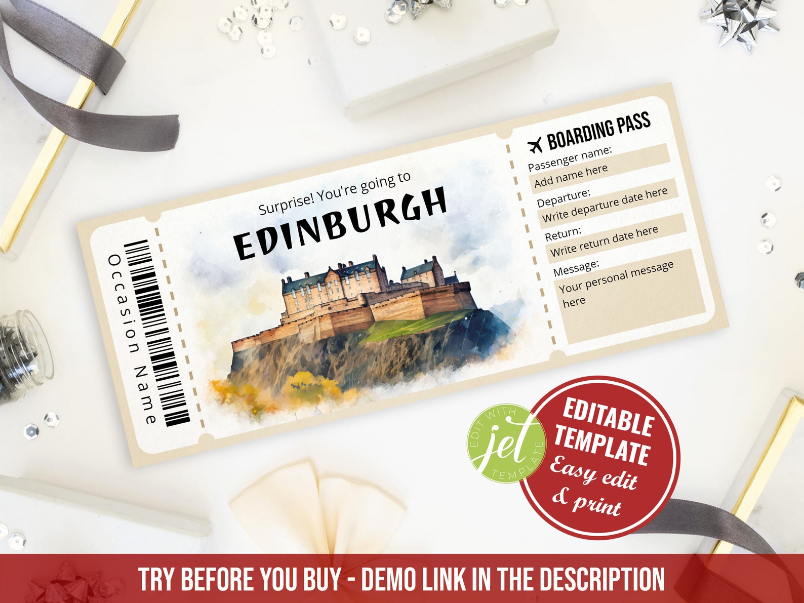 Editable Edinburgh Boarding Pass Template, Personalized Gift Printable ...