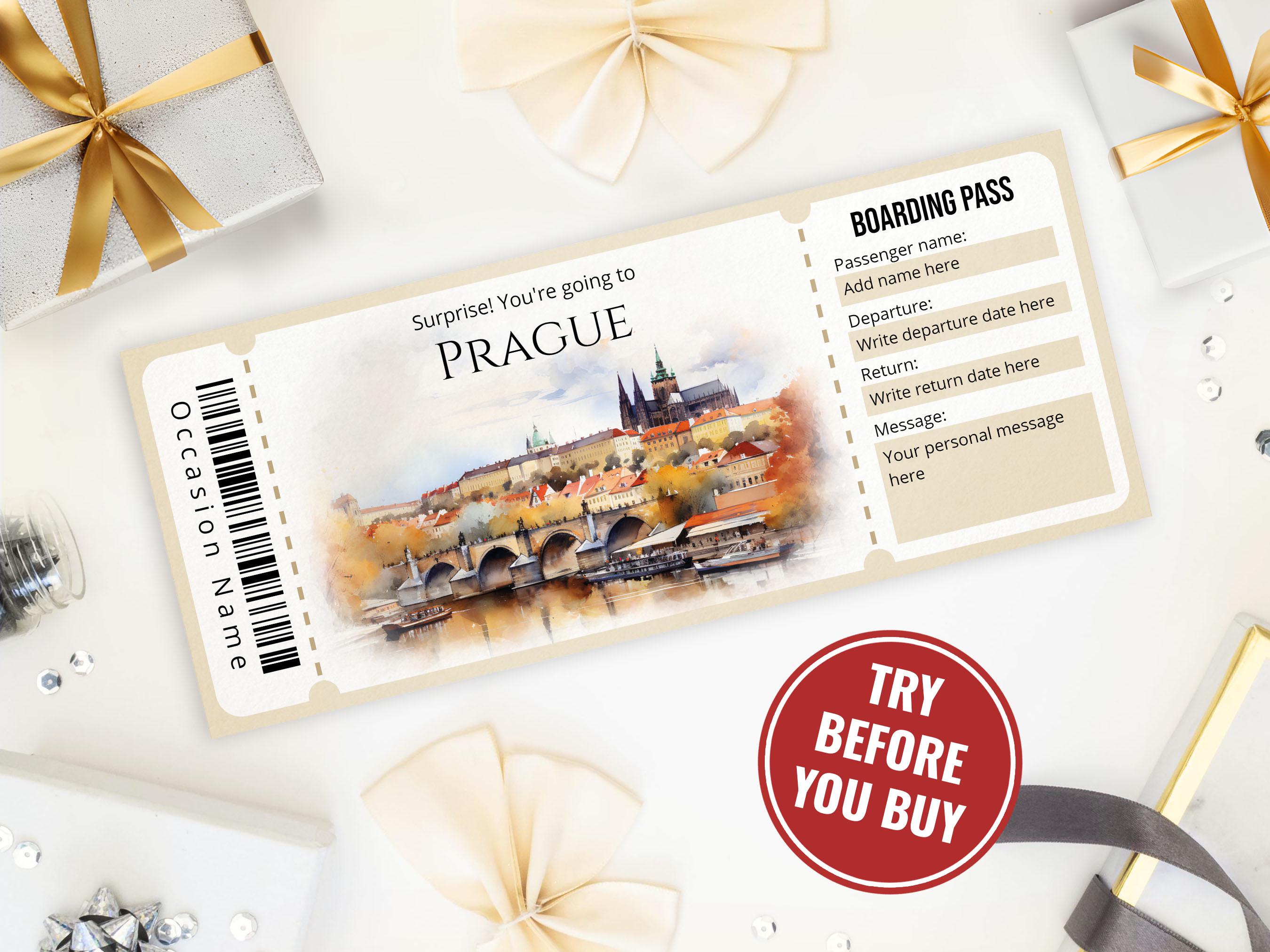 Editable Prague Boarding Pass Template, Watercolor Surprise Prague Trip ...