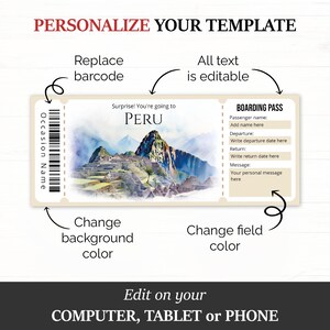 Editable Peru Boarding Pass Template, Watercolor Surprise Peru Trip ...