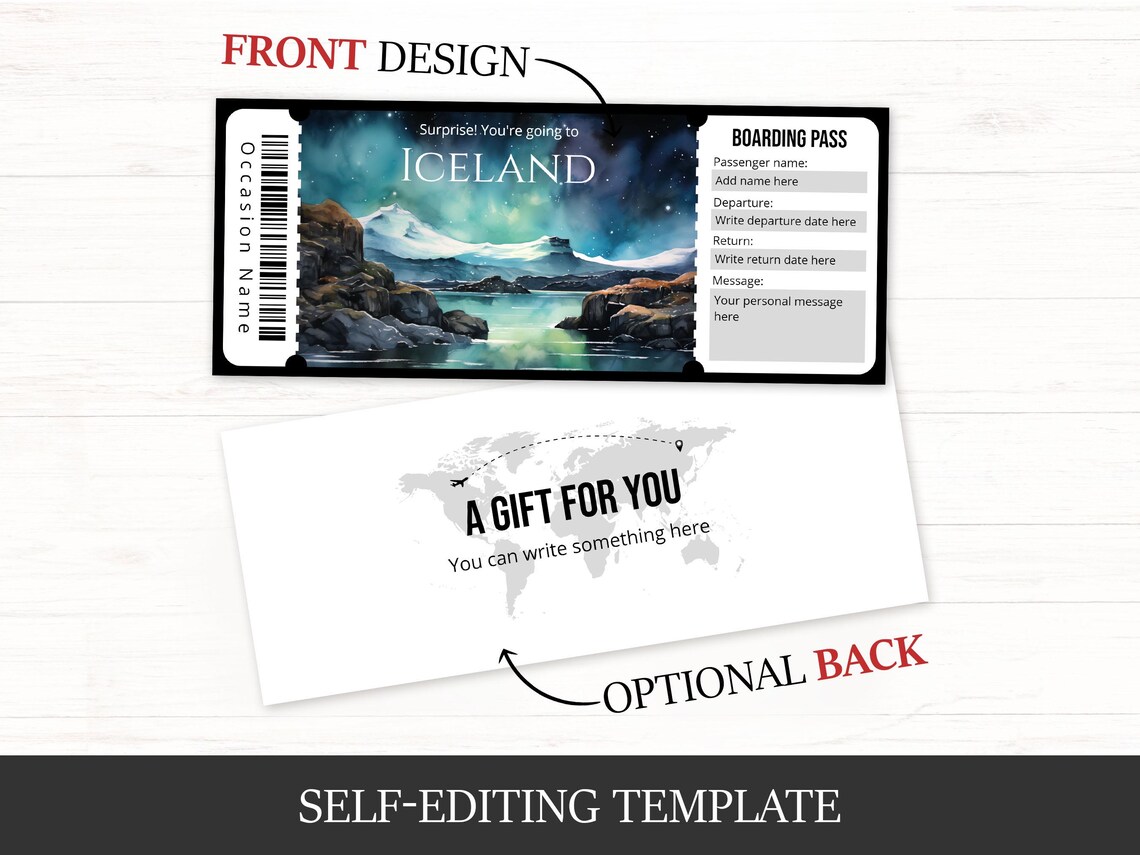 Editable Iceland Boarding Pass Template, Surprise Printable Watercolor ...