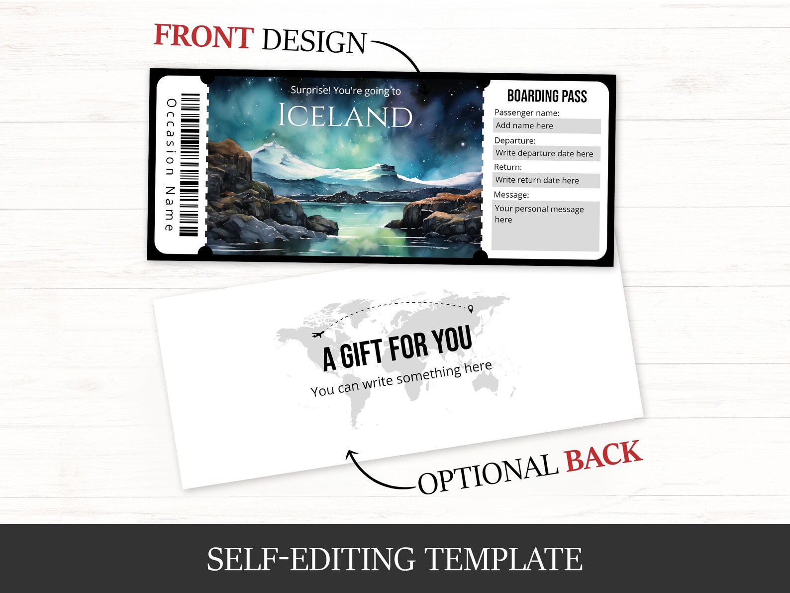 Editable Iceland Boarding Pass Template, Surprise Printable Watercolor ...