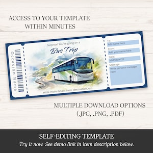 Editable Watercolor Bus Ticket Template, Coach Ticket Surprise Gift ...