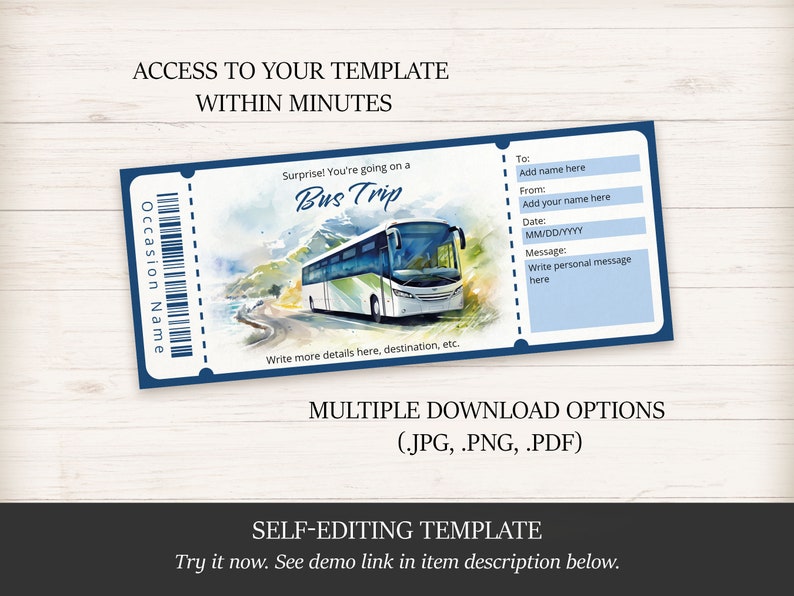 Editable Watercolor Bus Ticket Template, Coach Ticket Surprise Gift ...